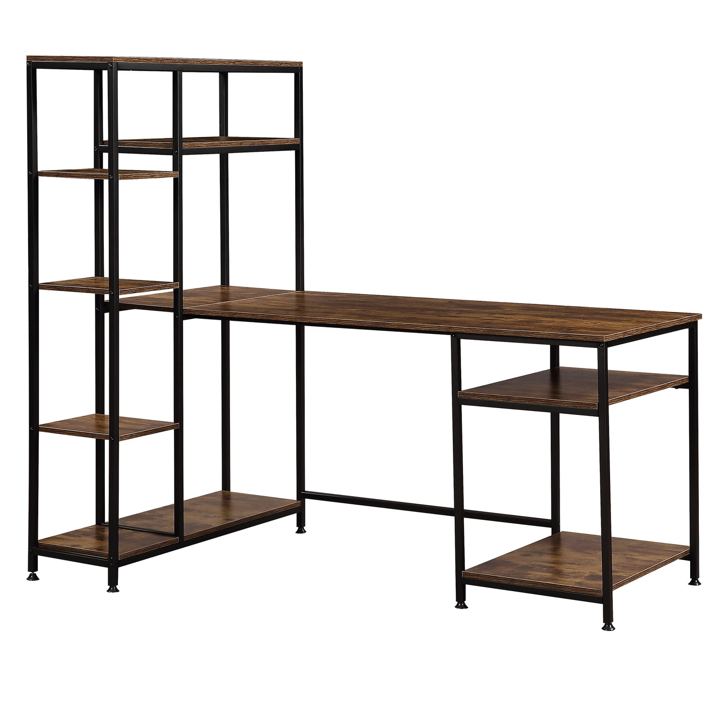 Benjara Computer Desk and Bookshelf with Multiple Shelves, Brown ...