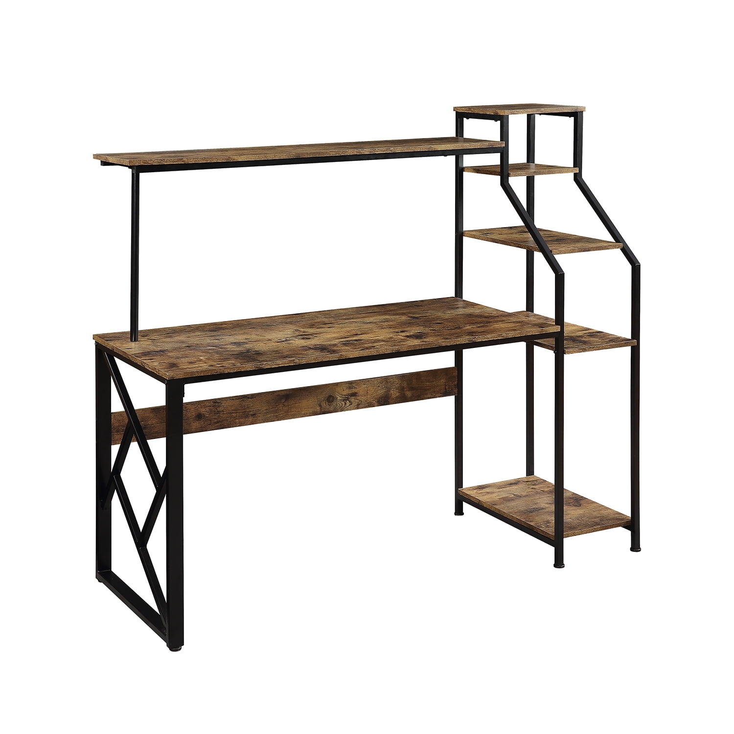 Benjara Computer Desk and Hutch with Industrial Open Metal Frame, Brown ...