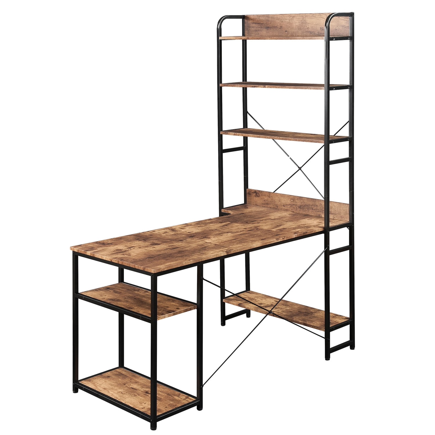 Benjara Computer Desk with 5 Tier Bookcase and Metal Frame, Black and ...