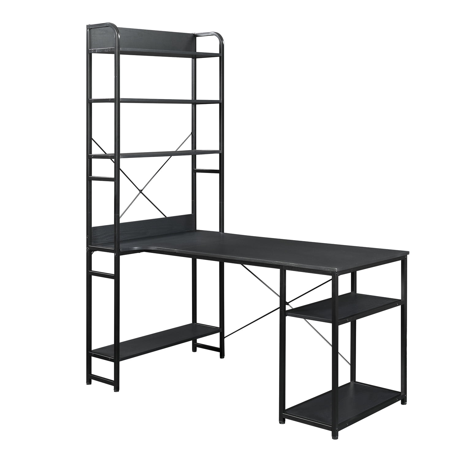 Benjara Computer Desk with 5 Tier Bookcase and Metal Frame, Black ...