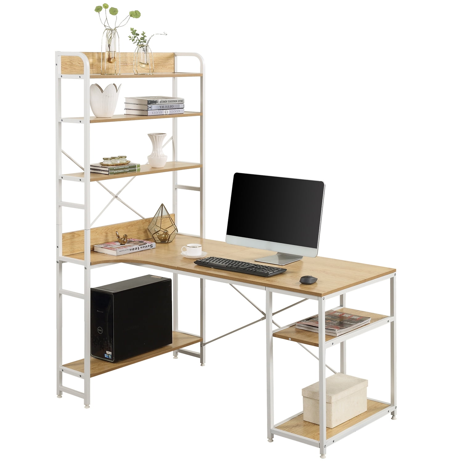 Benjara Computer Desk with 5 Tier Bookcase and Metal Frame, White and ...