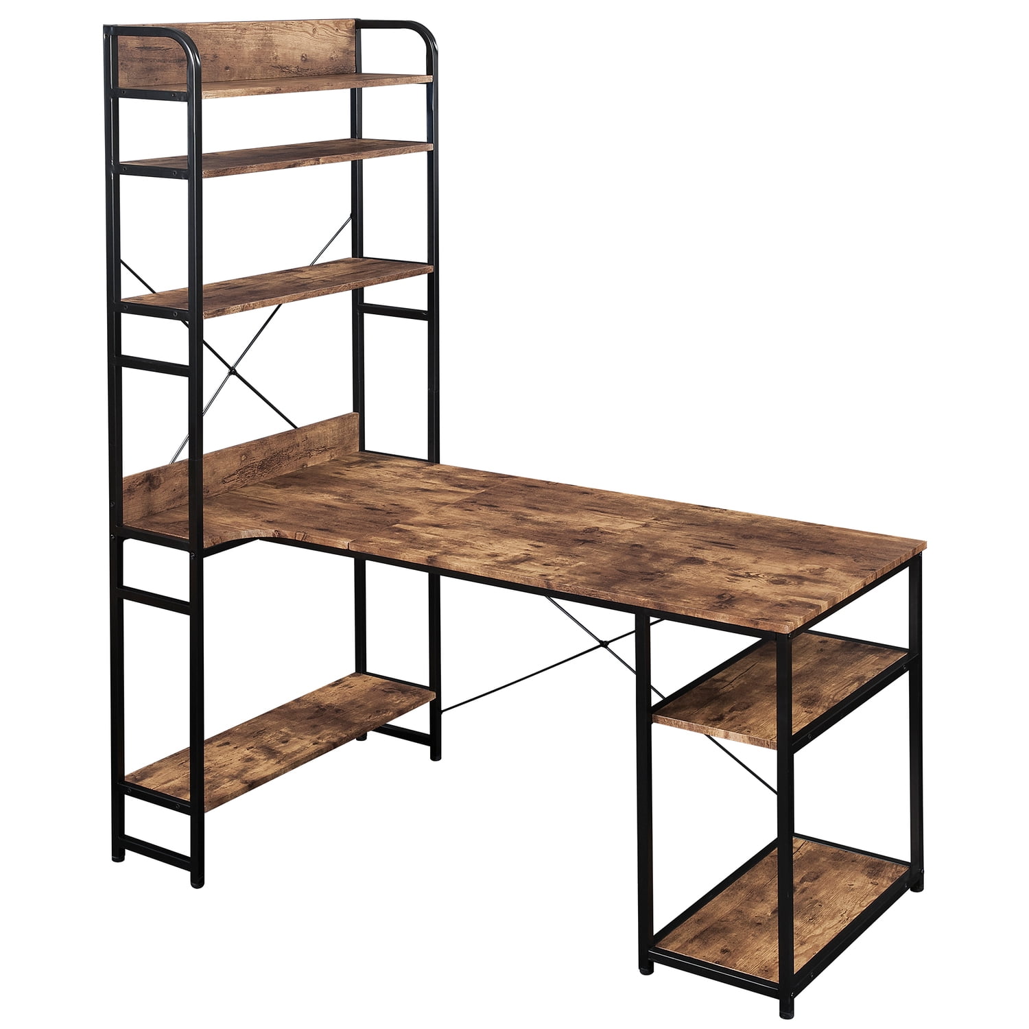 Benjara Computer Desk with 5 Tier Bookshelf and X Bar Supports, Brown ...
