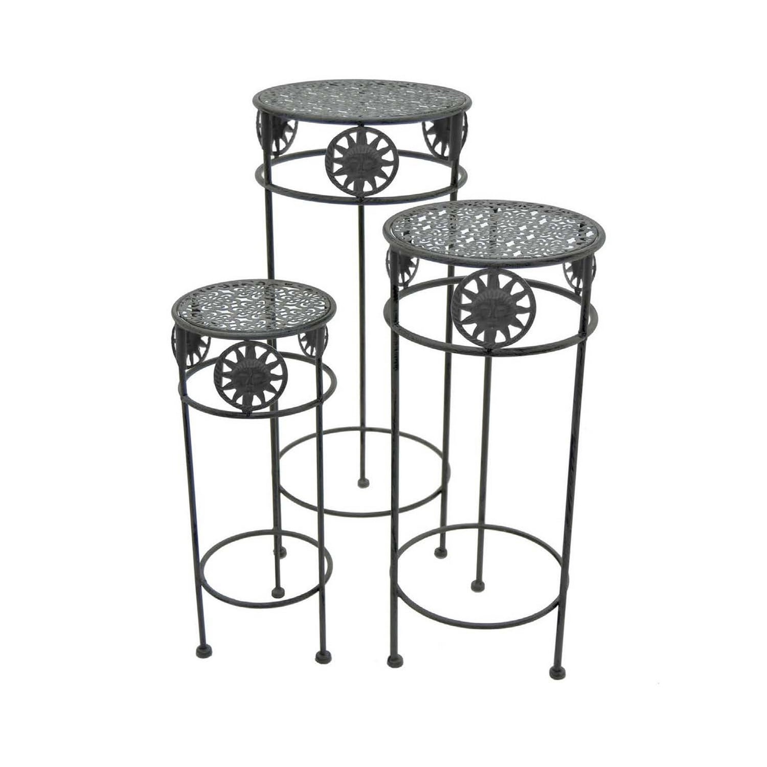 Daisy Metal Plant Stand Table Set of 3, Round Mesh Design, Metal, Gray ...