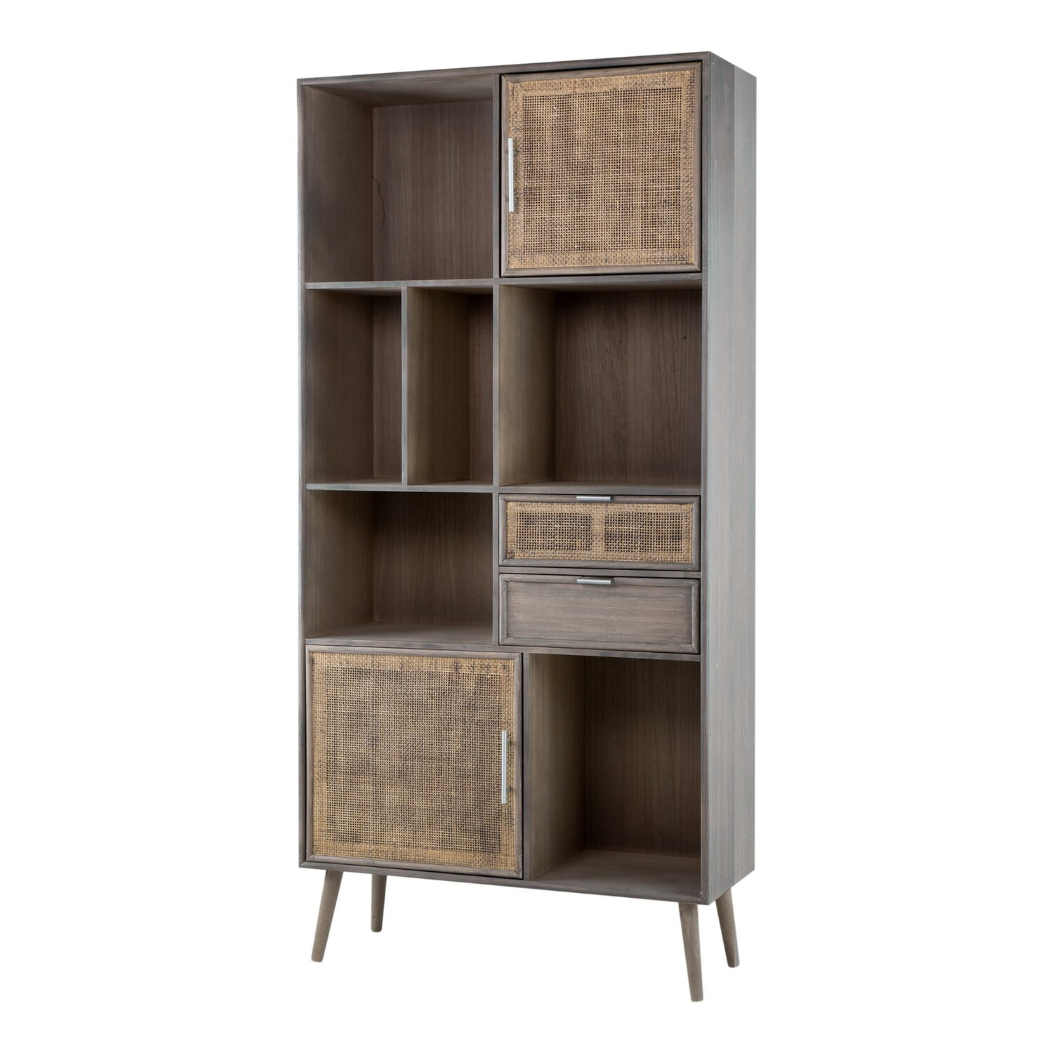 Benjara Dana 75 Inch Bookcase Unit, 6 Unique Shelves, 4 Rattan Drawers ...