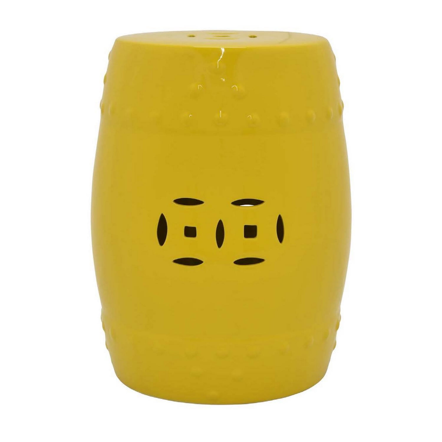 Danny 18 Inch Plant Stand, Ceramic, Drum Shaped, Cut Out Hole, Yellow ...