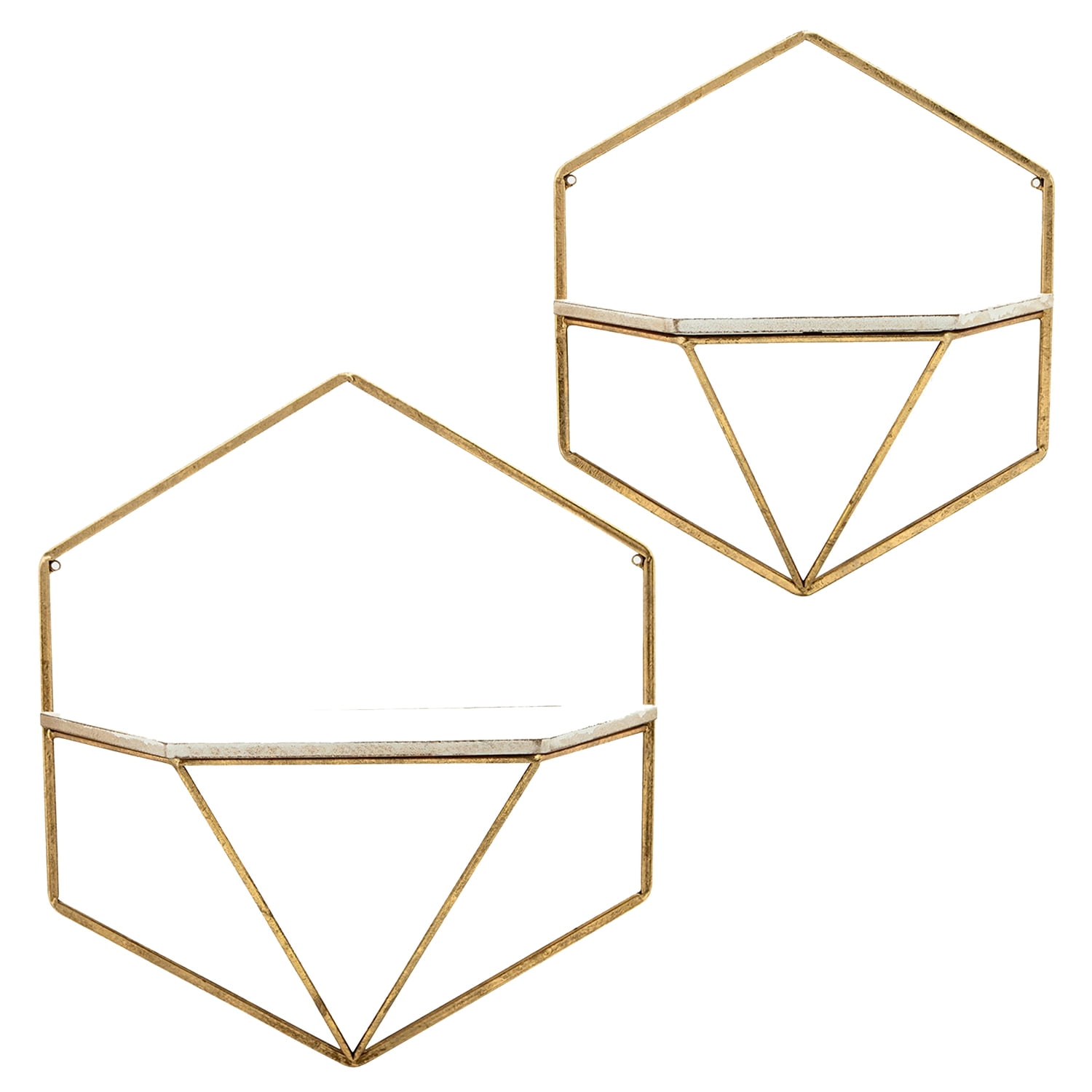 Benjara Decor Wall Shelf Set of 2, Hexagonal Gold Metal Frames, Crisp ...
