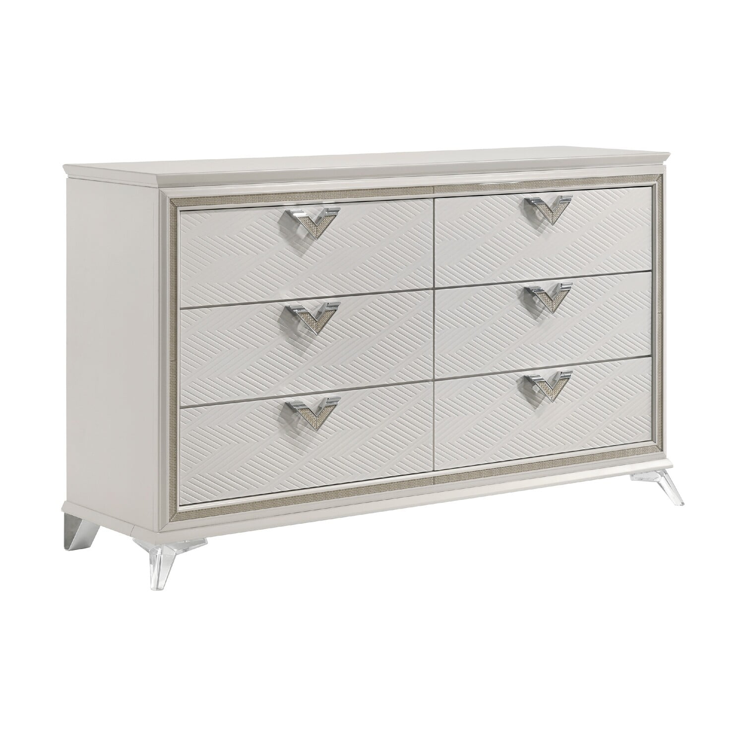 Benjara Dery 65 Inch Dresser, 6 Drawers Chrome Triangle Handle, White ...
