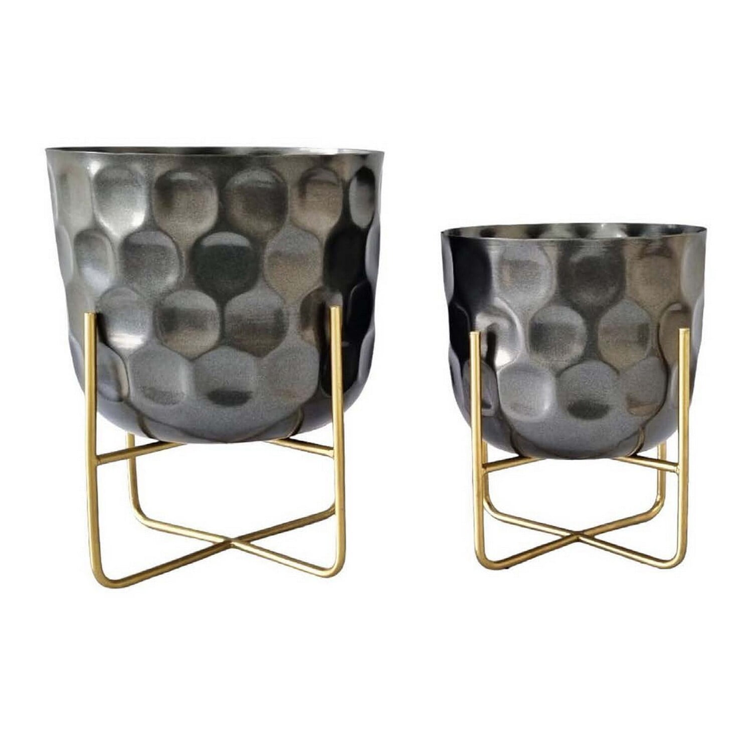 Dex Planter Set of 2, Modern Cylindrical Metal Hammered Body, Black ...
