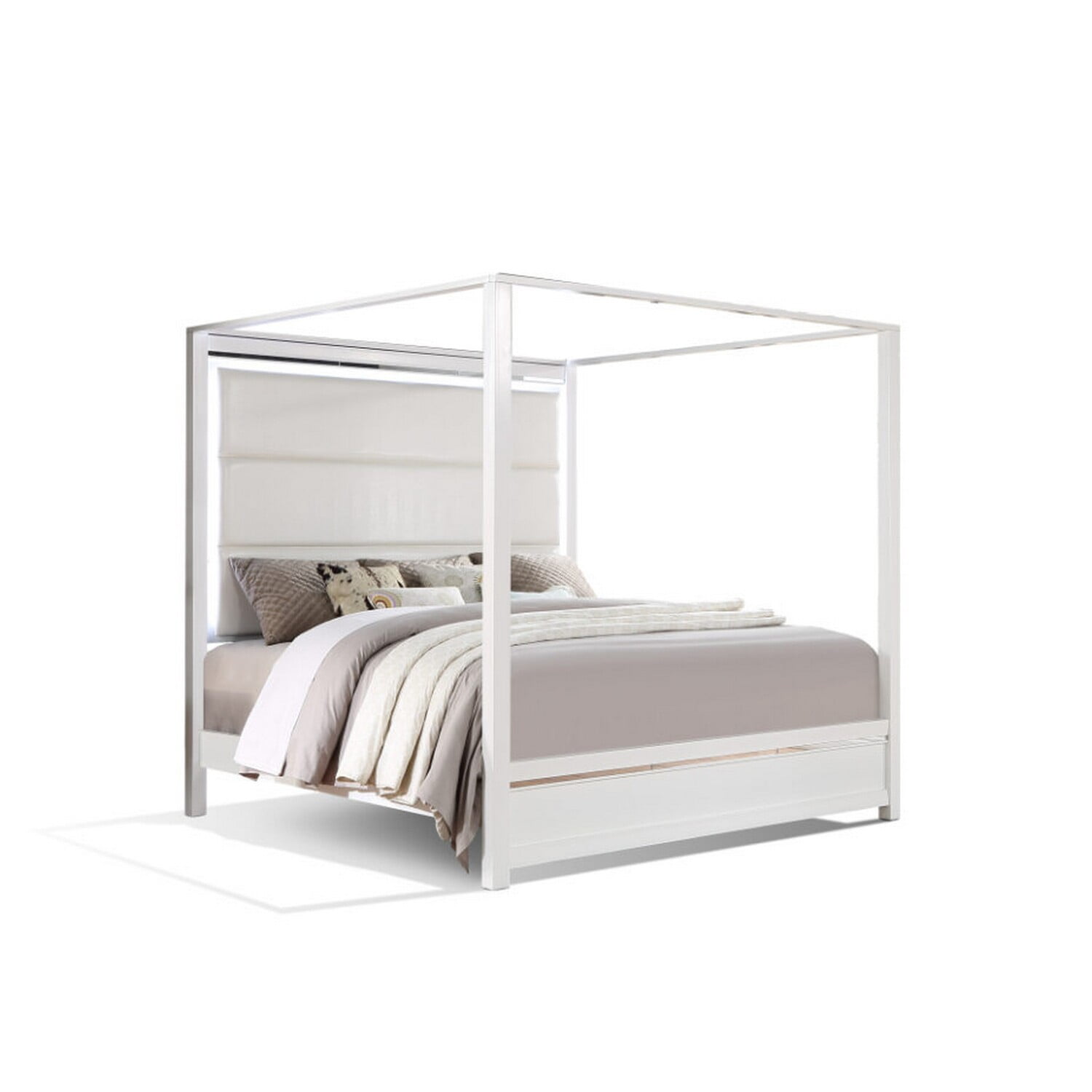 Benjara Dio King Canopy Bed, Tall LED Headboard, White Faux Leather ...
