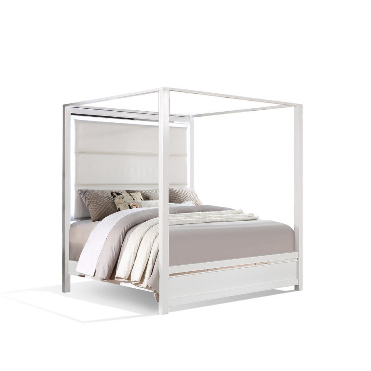 Benjara Dio Queen Canopy Bed, Tall LED Headboard, White Faux Leather ...