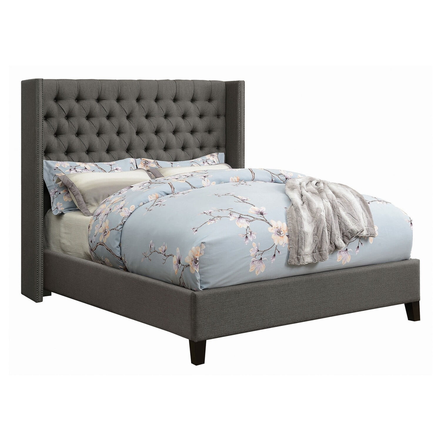 Benjara Diya King Size Platform Bed, Button Tufted Upholstery, Nailhead ...