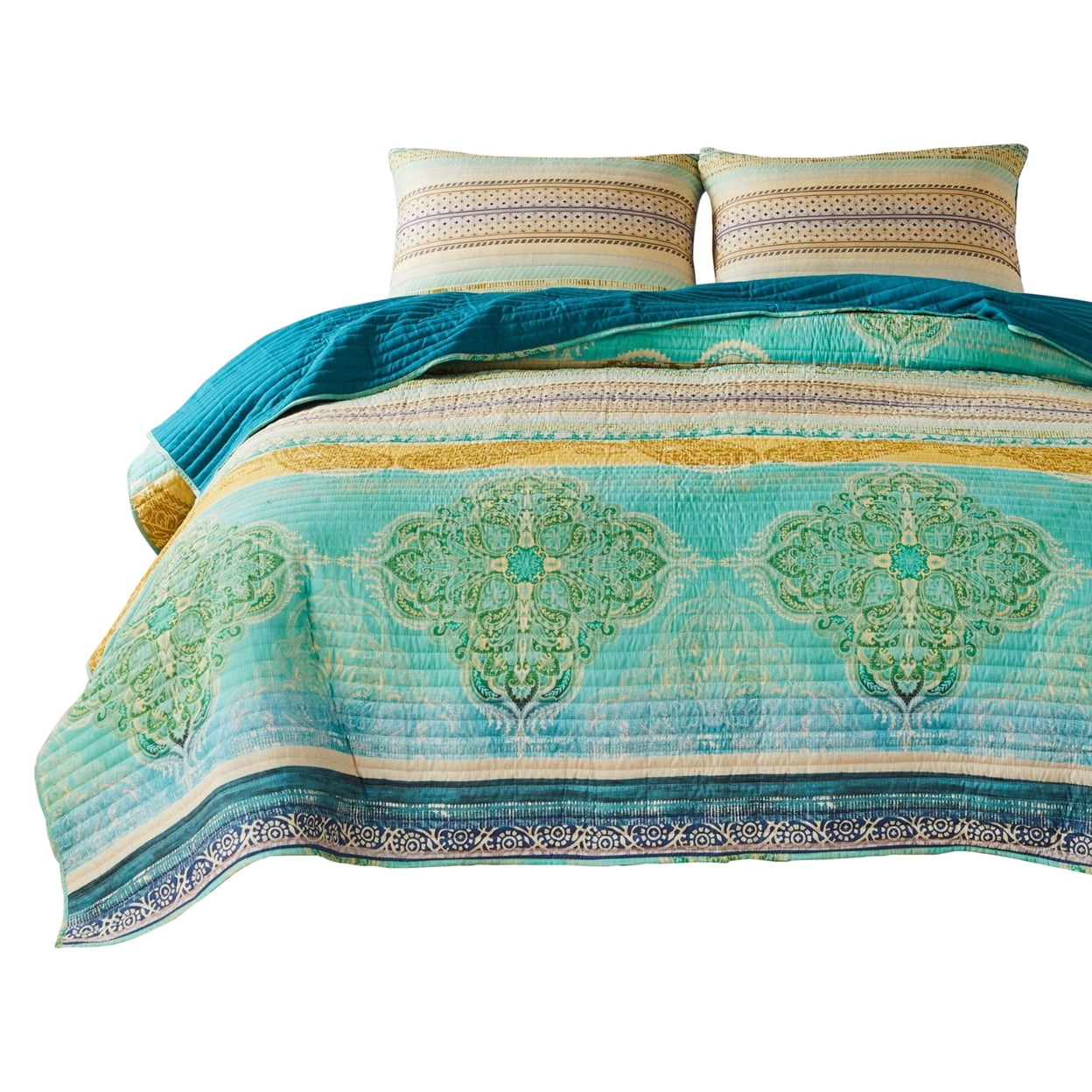 Dora 3 Piece Bohemian Full Quilt Set, Medallion, Paisley, Blue, Green ...