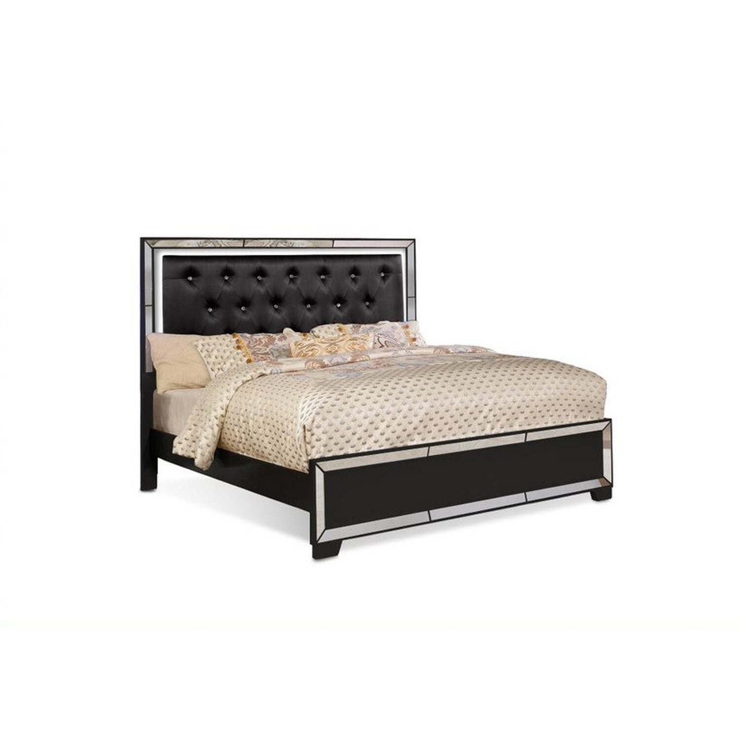Eli Upholstered Queen Bed with LED, Crystal Tufted, Mirrored Inlays ...