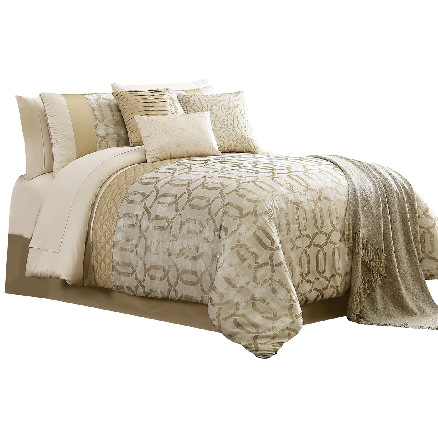 Benjara Elia 10 Piece King Polyester Comforter Set, Lattice Pattern ...