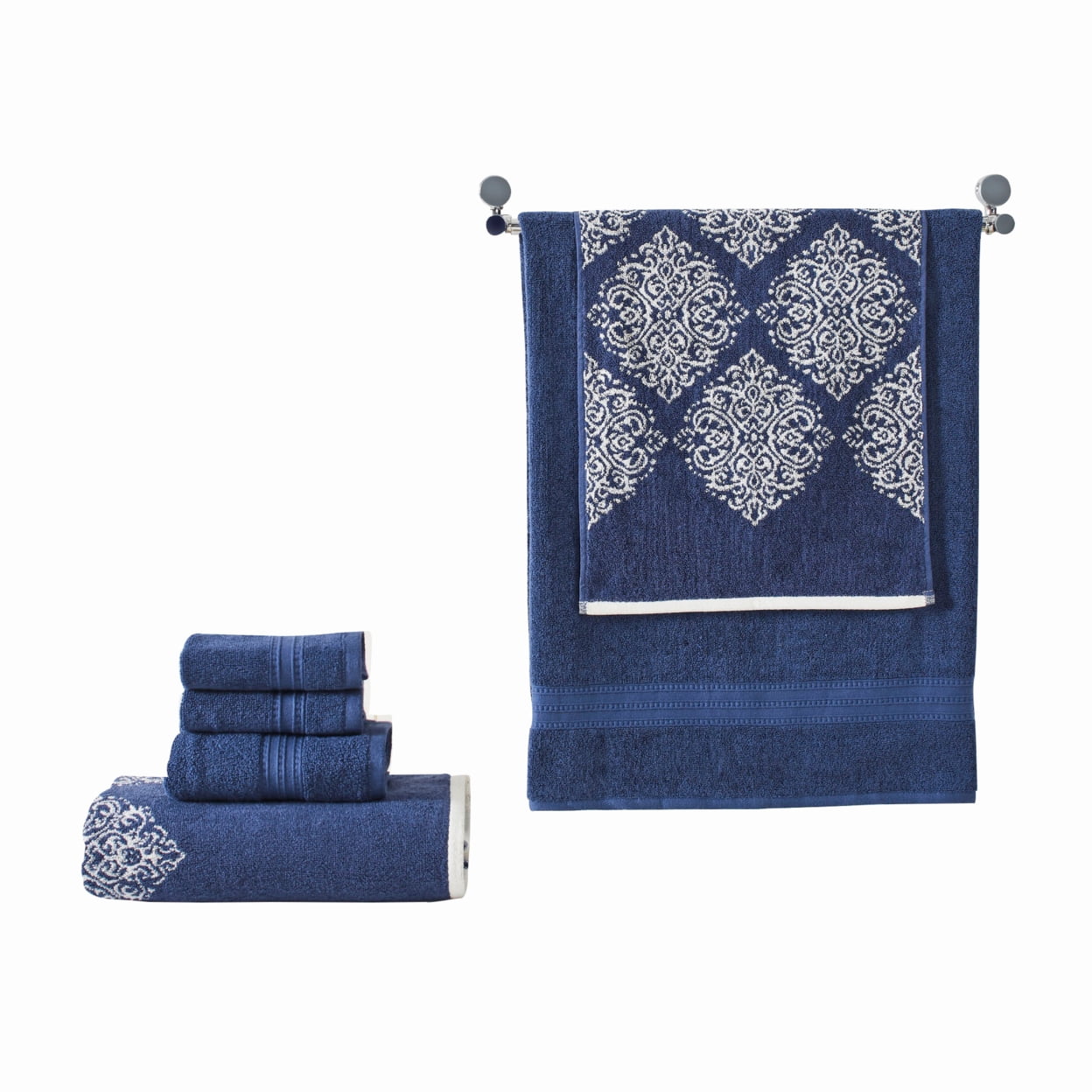 Benjara Eula Modern 6 Piece Cotton Towel Set, Stylish Damask Pattern ...