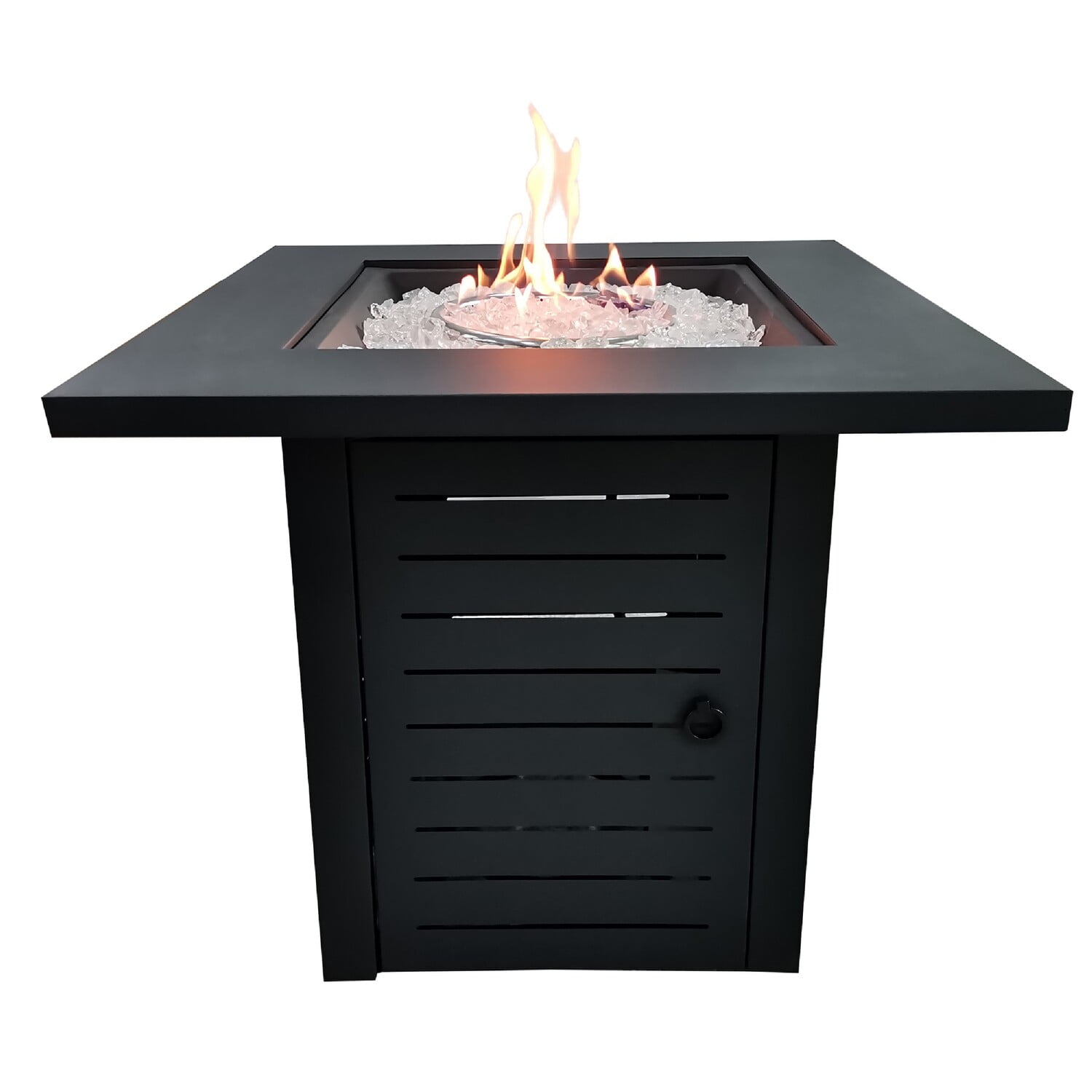 Benjara Fire Pit with Clear Fire Glass Rocks and Lid Closure, Black ...