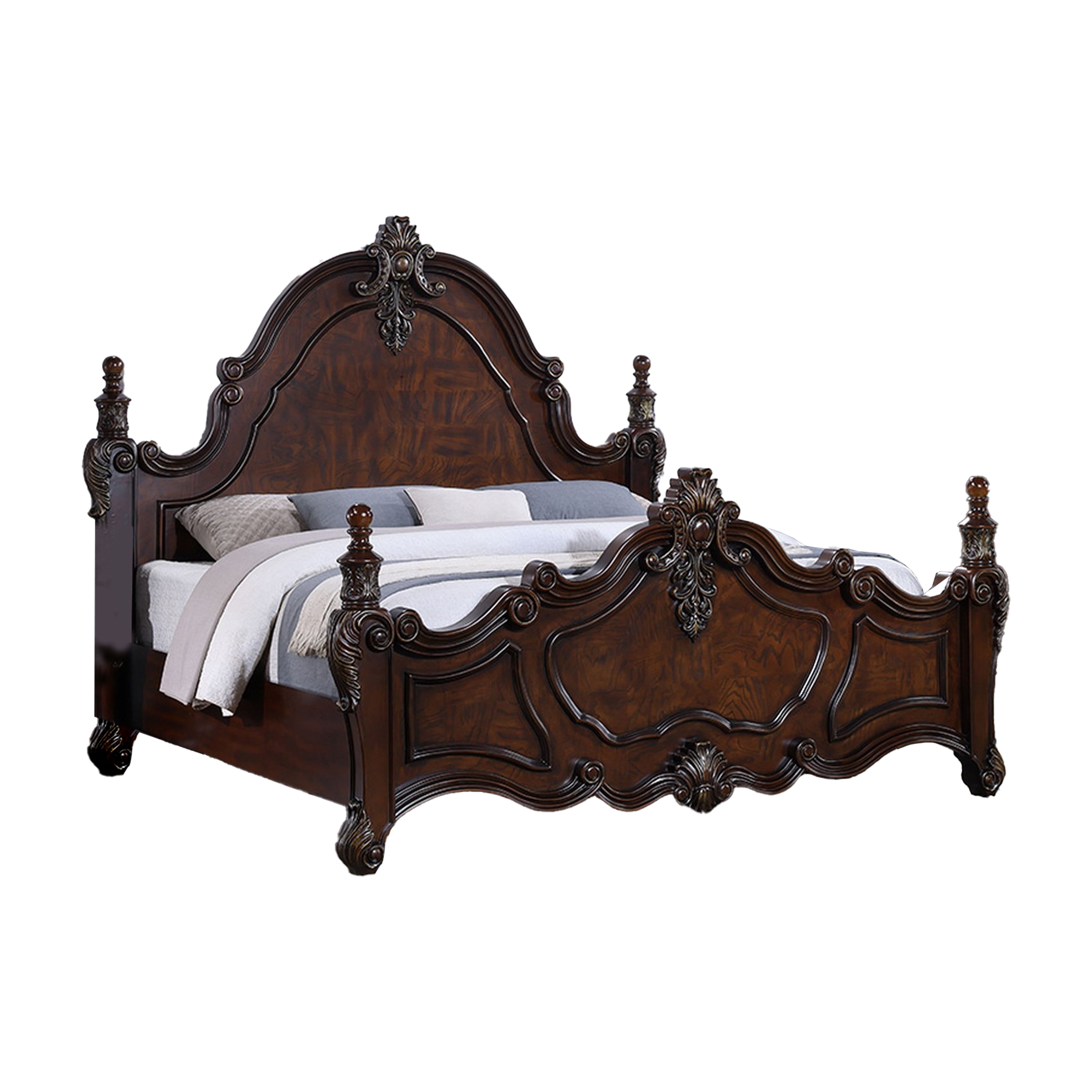 Frank Queen Size Bed, Carved Details, Finial Posts, Cherry Brown Solid ...