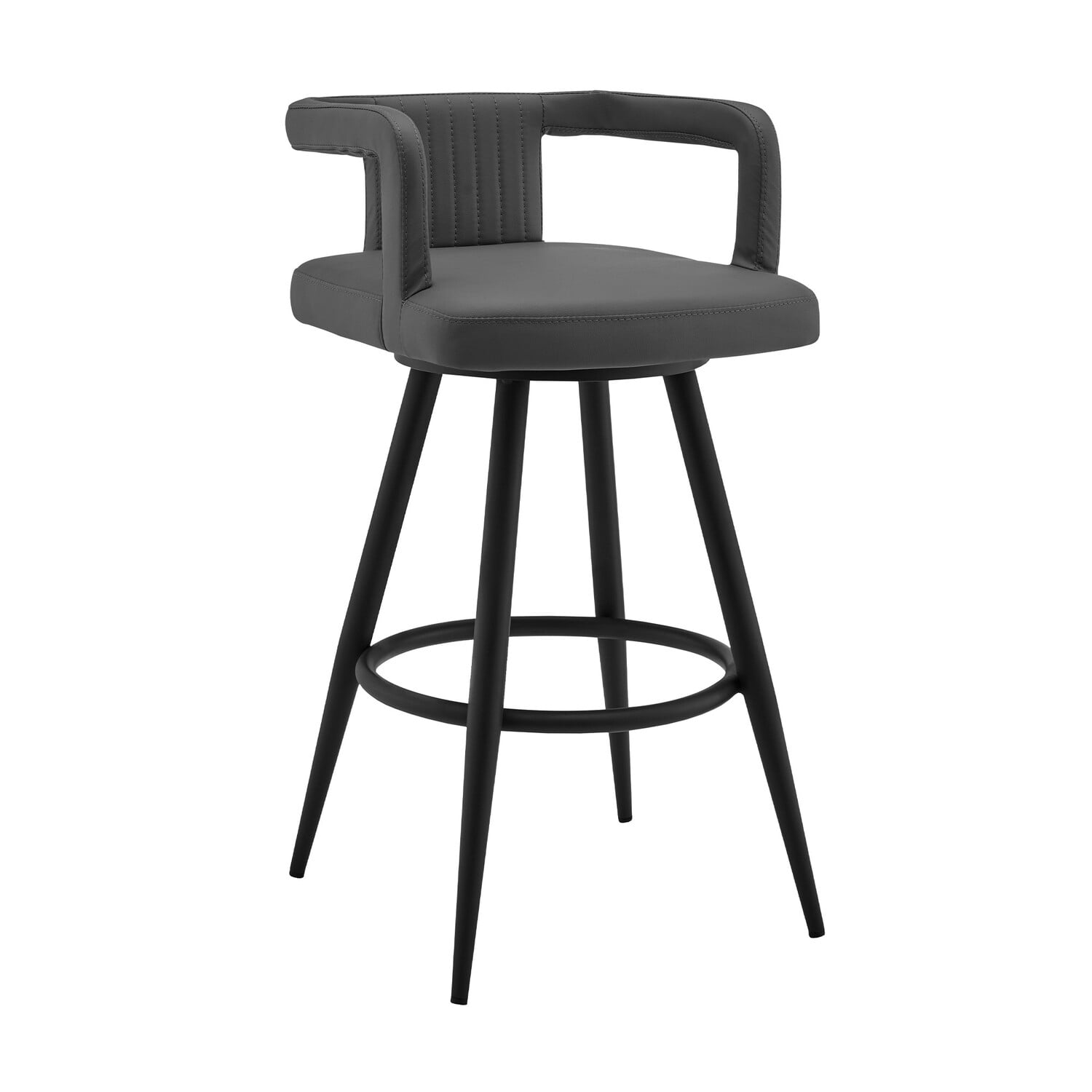 Benjara Gabriele 30" Gray Faux Leather and Black Metal Swivel Bar Stool ...