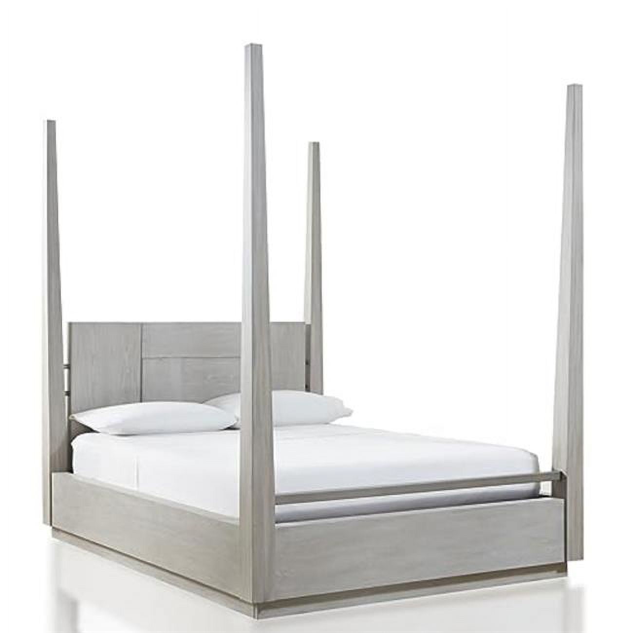Benjara Glimps Full Poster Bed, Light Gray Meranti Wood Headboard ...