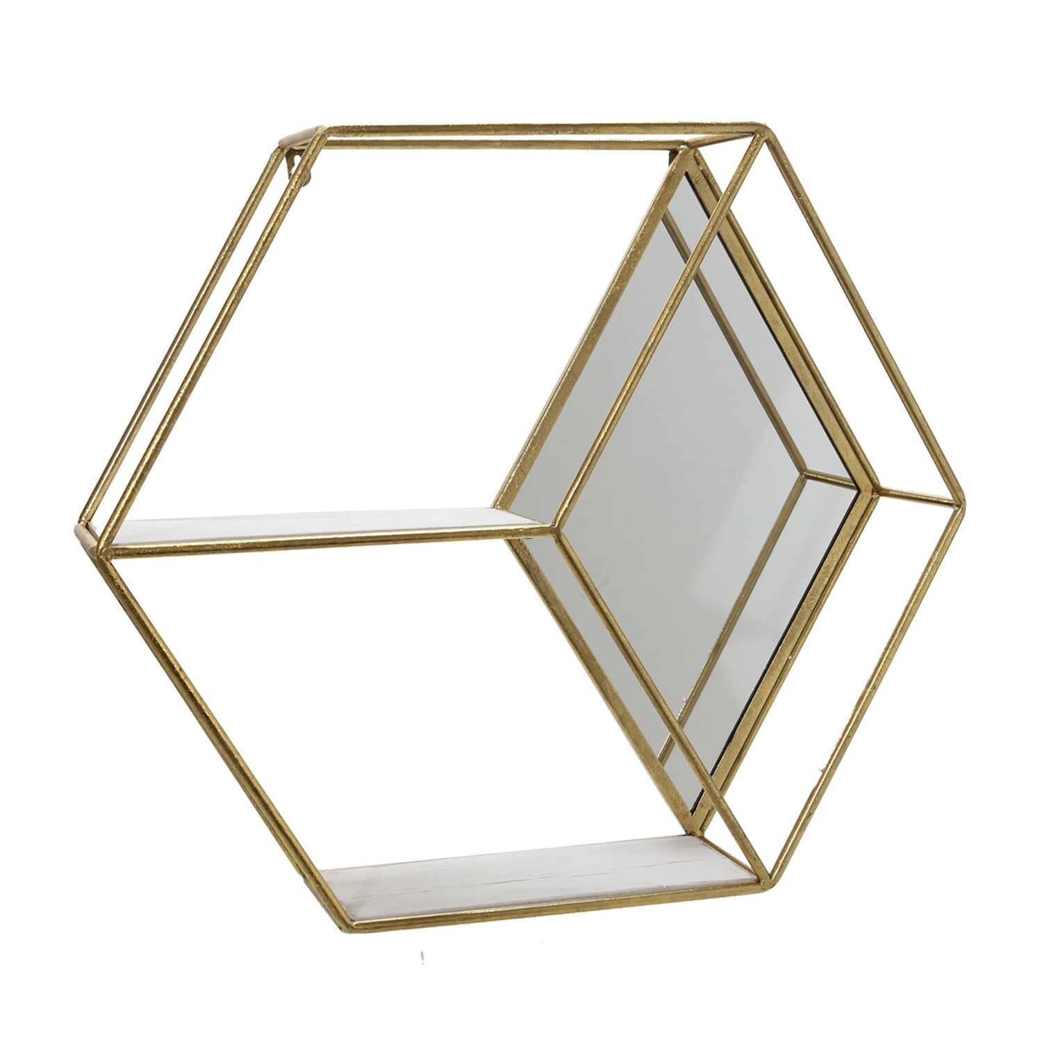 Hexagonal Shaped Metal Wall Shelf with 2 Display Cases in Gold and ...