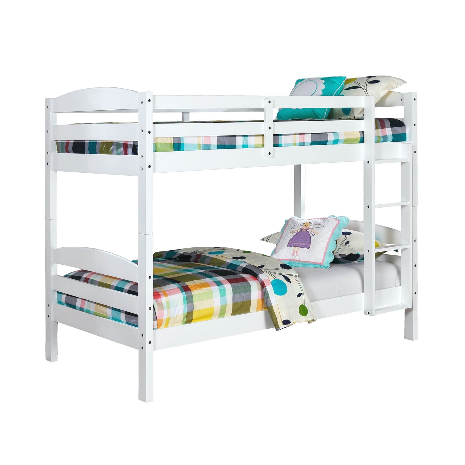Jelly Modern Farmhouse Wood Dual Twin Bunk Bed, Built In Ladder, White ...