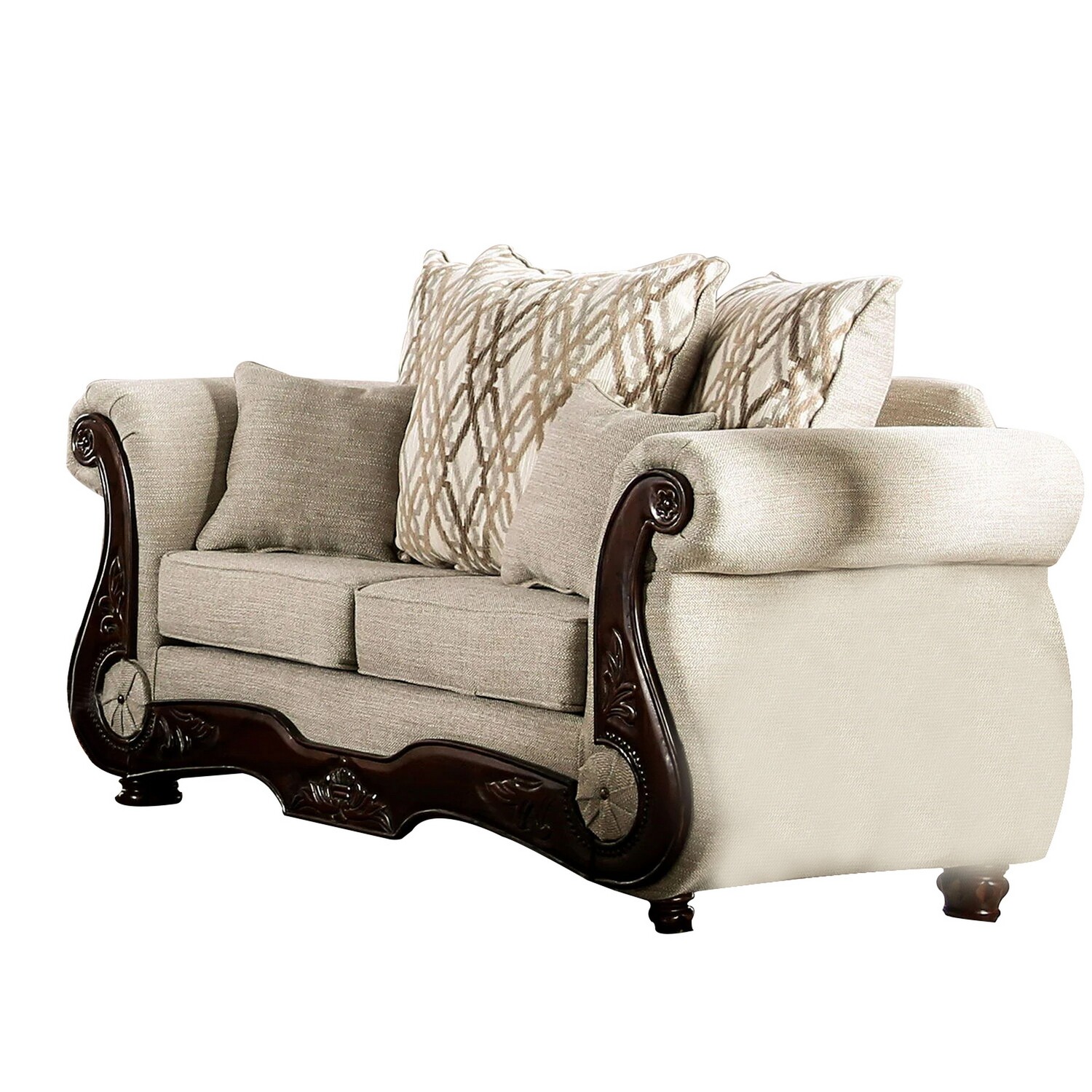 Jon 73 Inch Loveseat with Rolled Arms, Throw Pillows, Carved Details ...