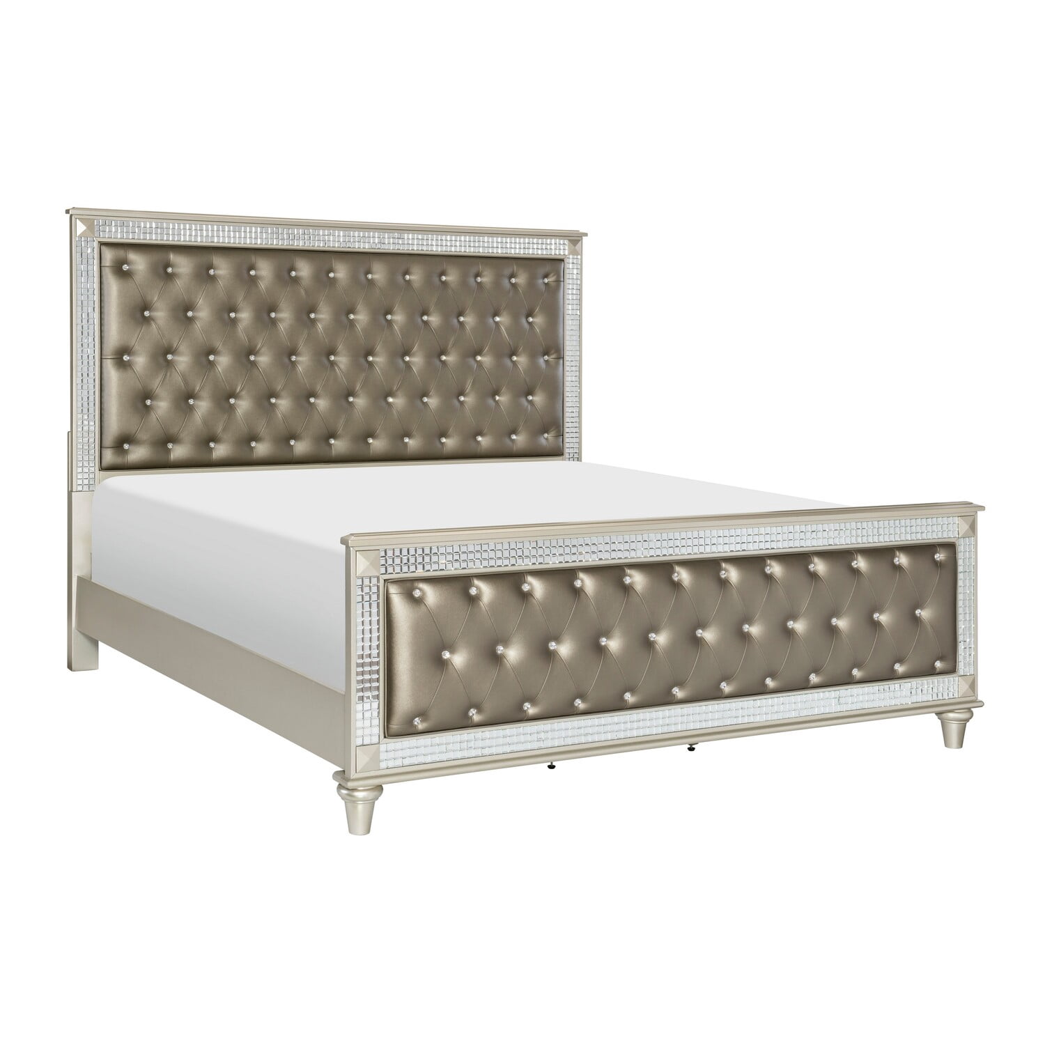 Benjara Juhi Queen Size Bed, Button Tufted Gray Faux Leather, Crystals ...