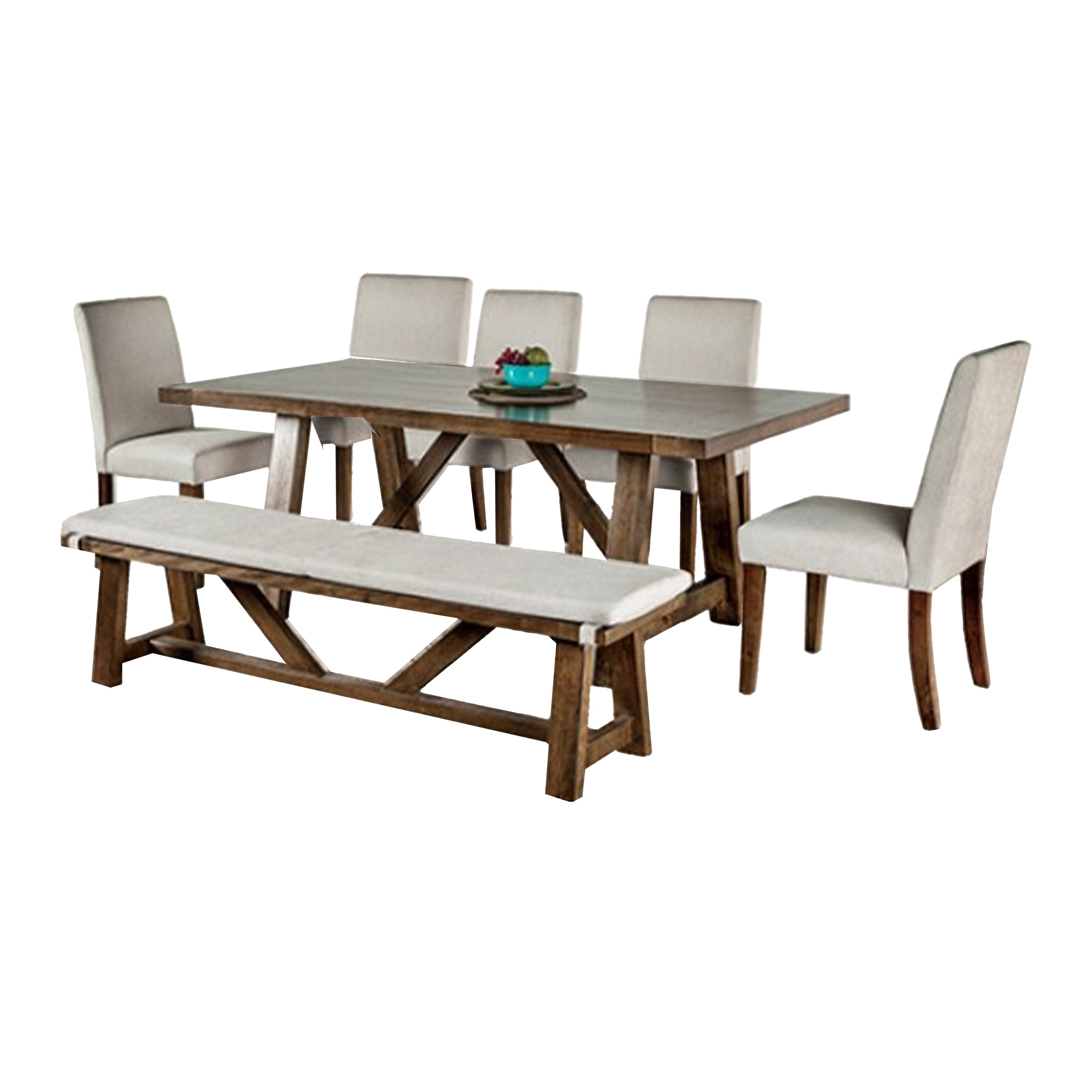Jule 7pc Dining Set, Brown Rectangular Table, Chairs, Bench w White Seat - Walmart.com