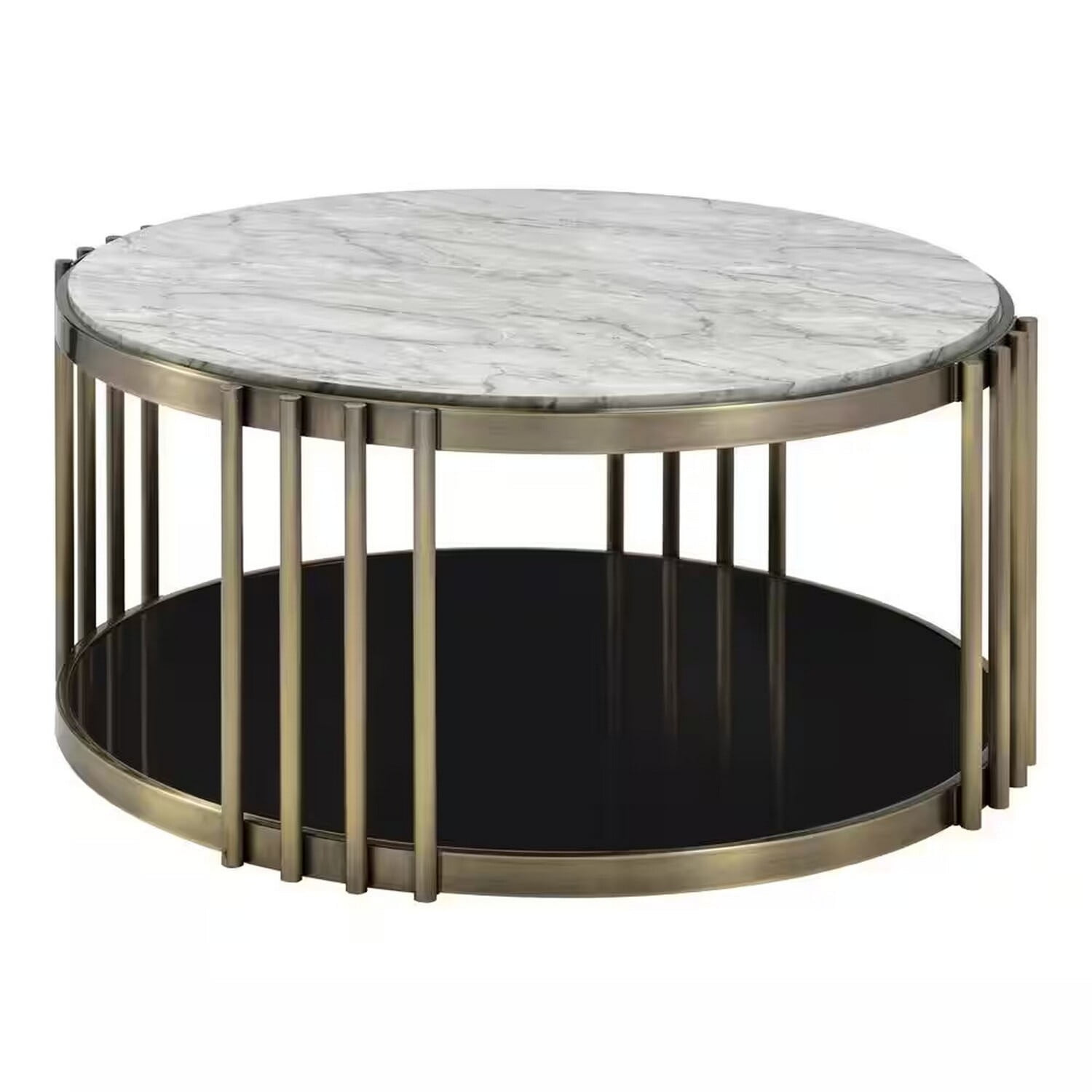 Benjara Kein 38 Inch Round Coffee Table, White Faux Marble Top, Brass ...