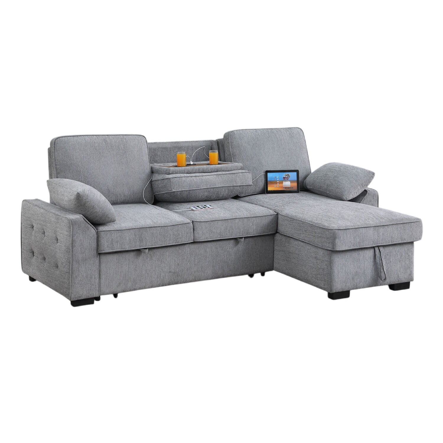 Benjara Ken Sectional Sofa Bed Sleeper w Storage Chaise, USB, Gray ...