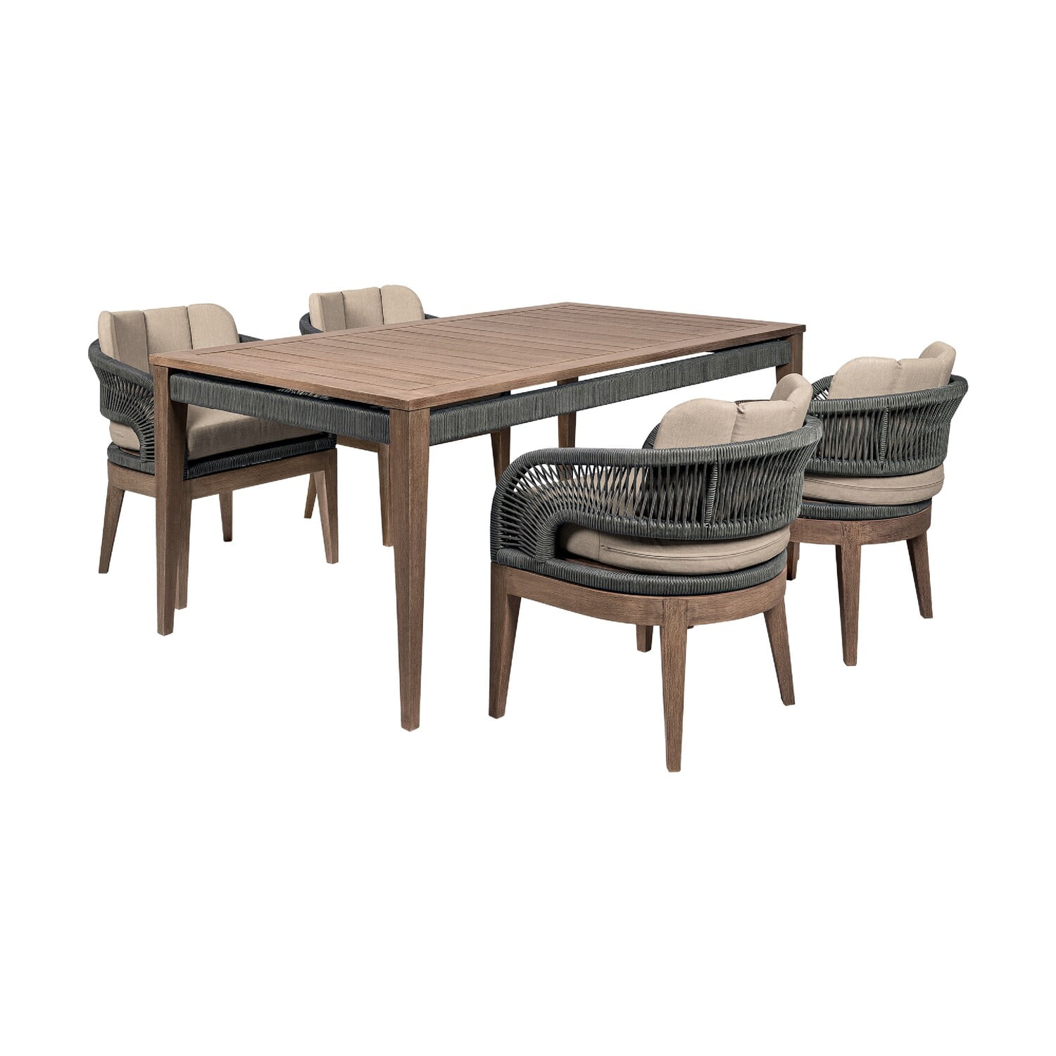 Benjara Kimi 5 Piece Patio Dining Table and 4 Chairs Set, Brown Wood, Gray Rope, Taupe Olefin ...
