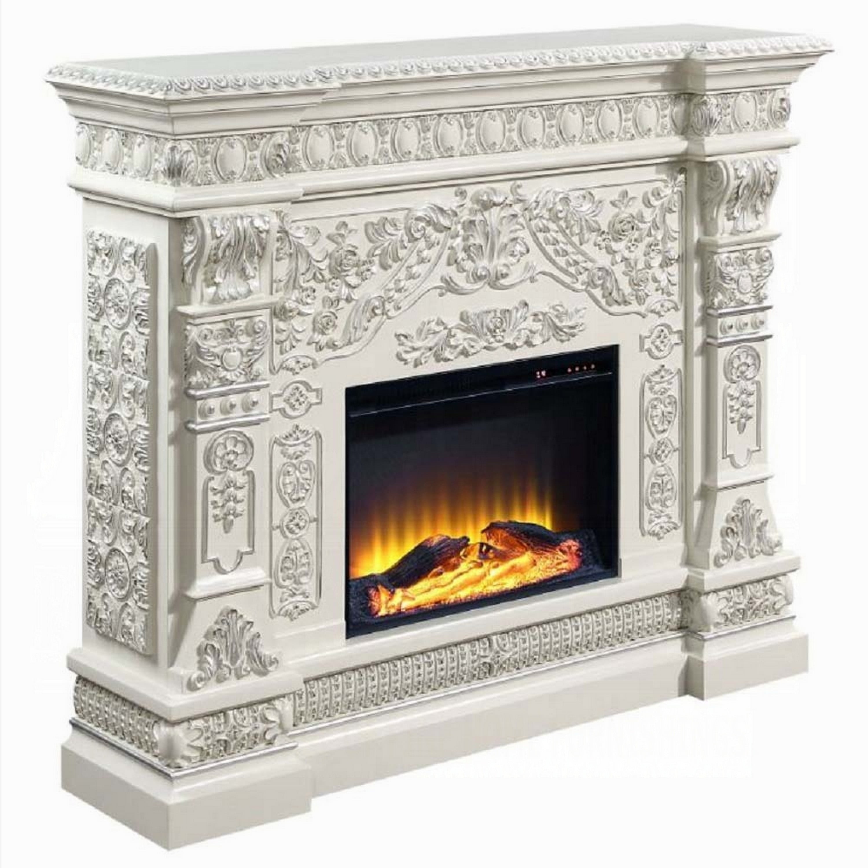 Kin LED Electric Fireplace, Floral Carvings, Antique White, 62 Inch ...