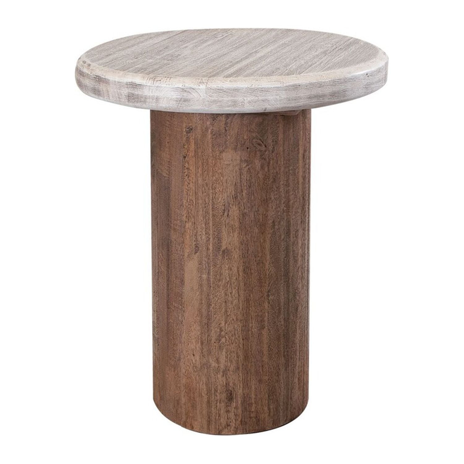 Benjara Kohl 26 Inch Side End Table, Brown Mango Wood, Drum Base, Cream ...