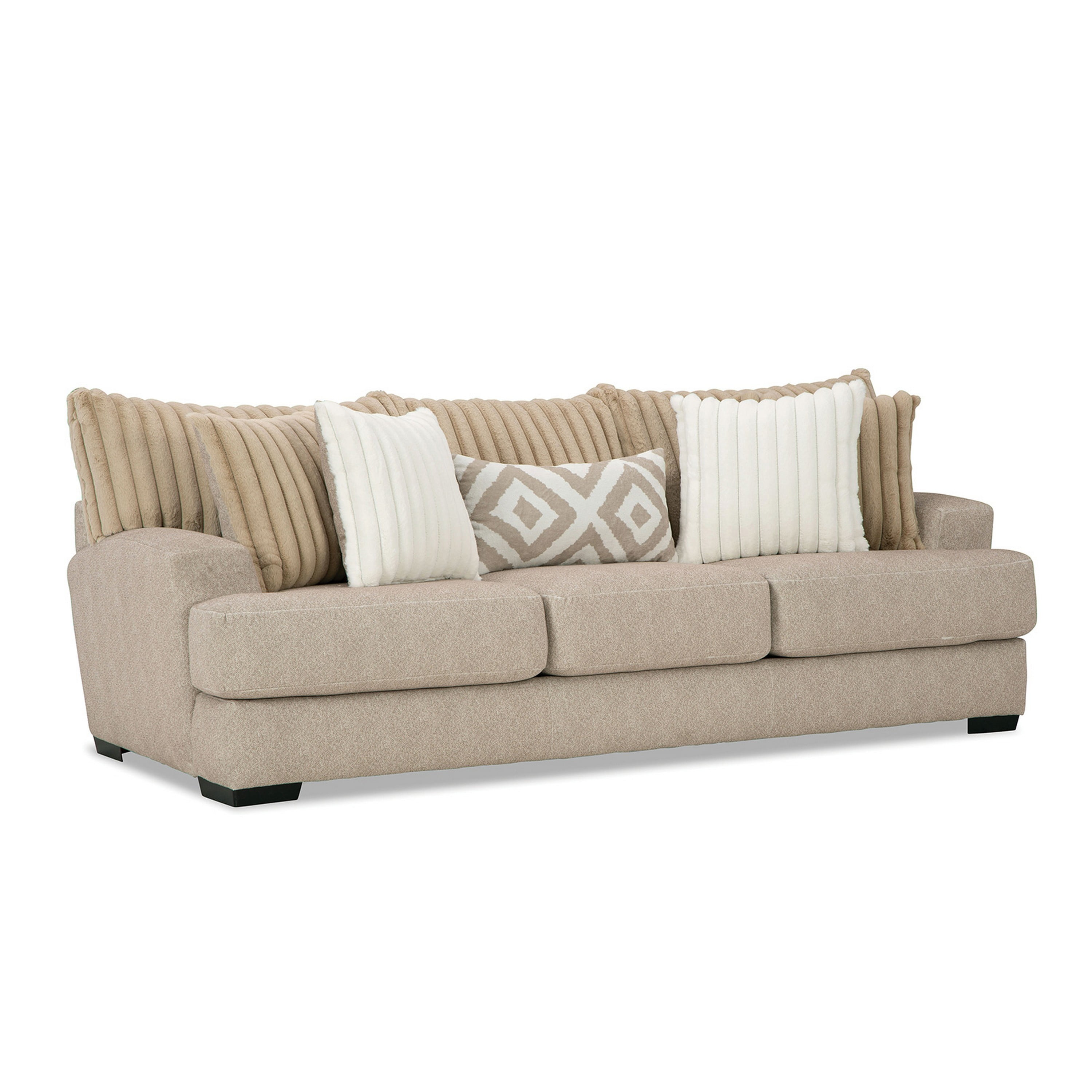 Laila Sofa, 5 Accent Pillows, 98 Inch Solid Wood, Light Brown Chenille ...