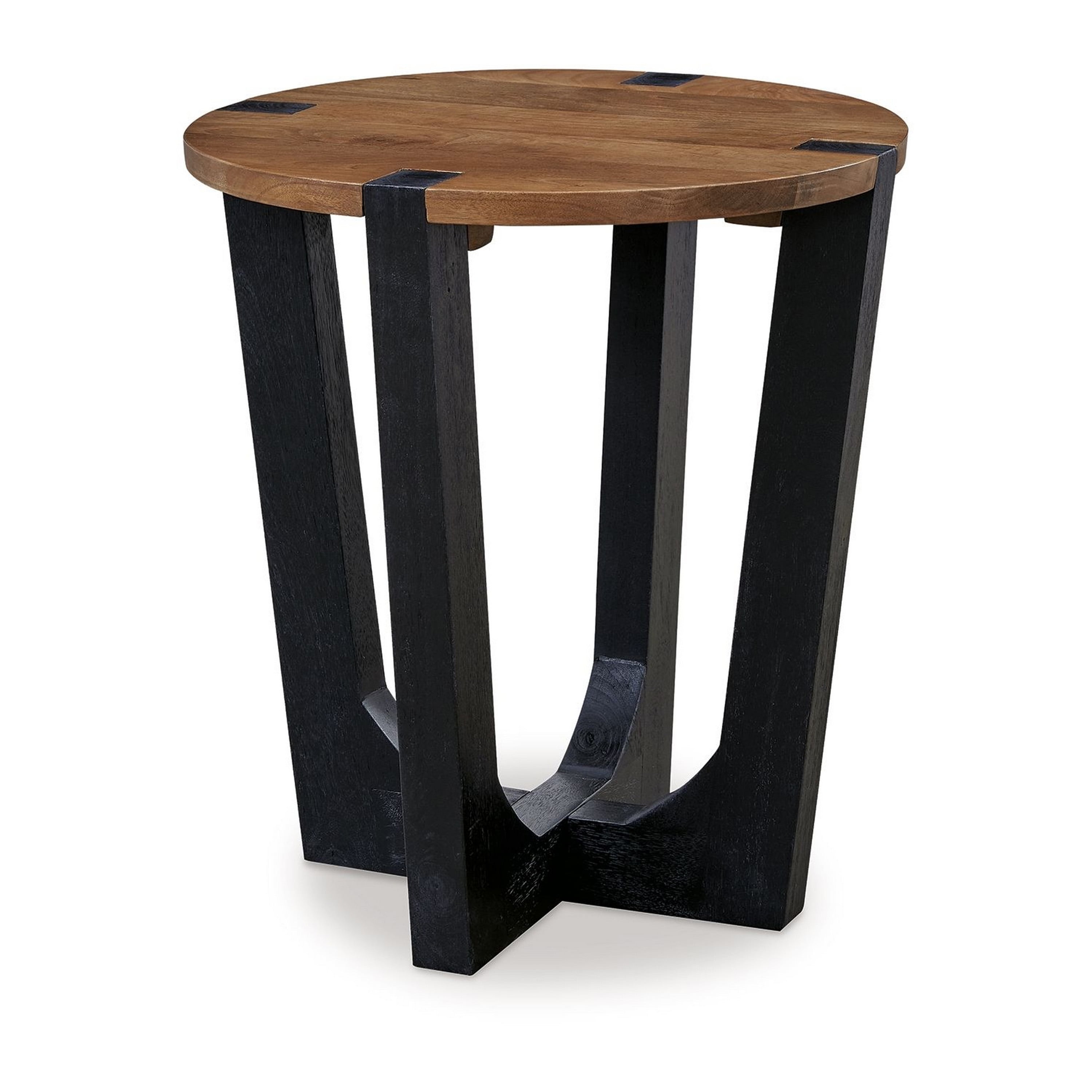 Leyi Round Side End Table, Black Angled Legs, 22 Inch Brown Mango Wood ...