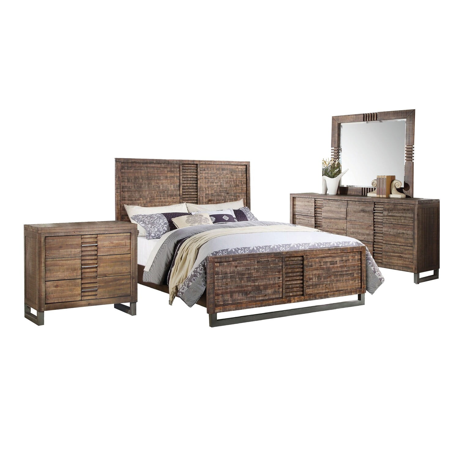 Benjara BM331136 Liza Queen Size Bedroom Set - Plank Style Rustic Brown ...