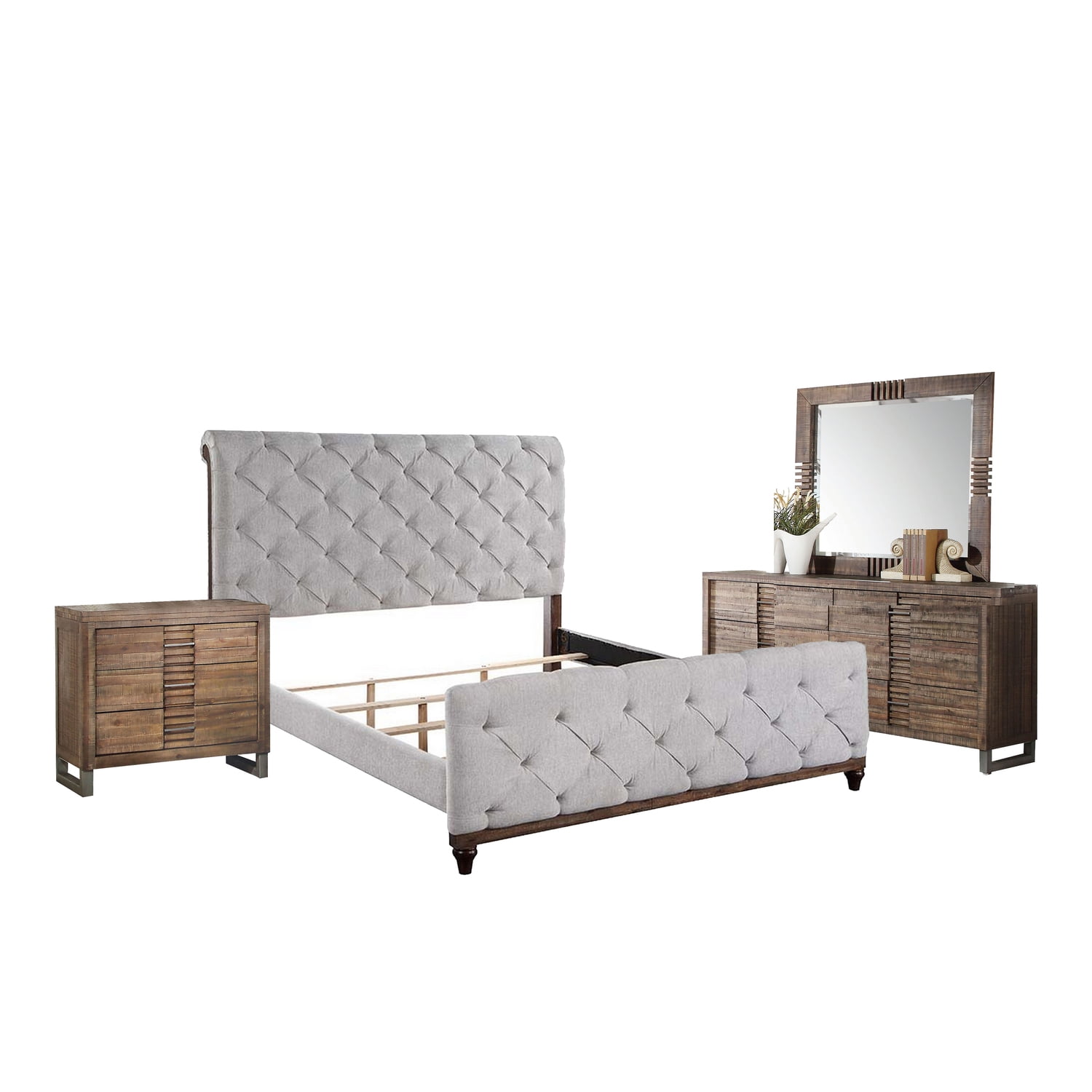 Benjara BM331137 Liza Queen Size Bedroom Set - Tufted Gray Upholstery ...