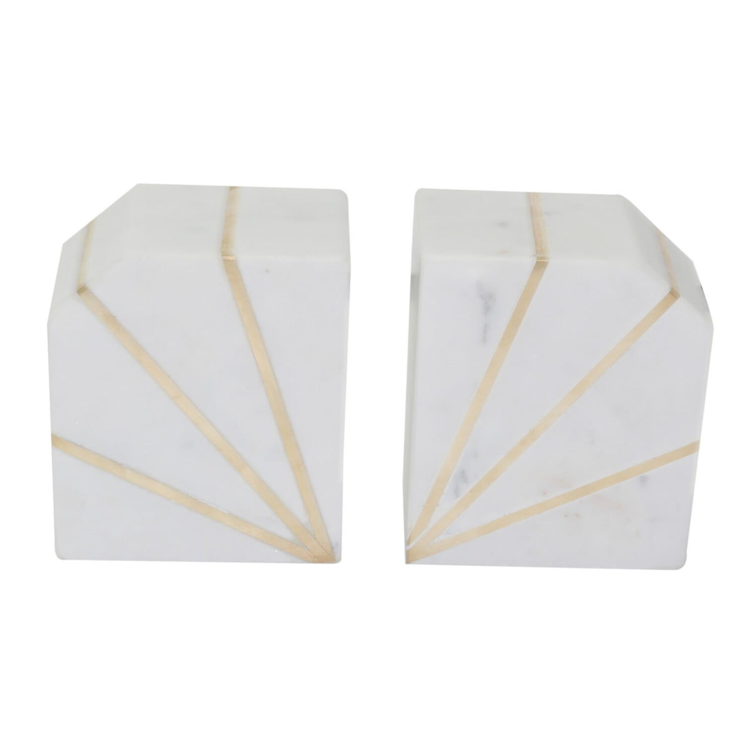 Benjara Marble Geometric Block Design Bookend with Gold Inlays, White ...