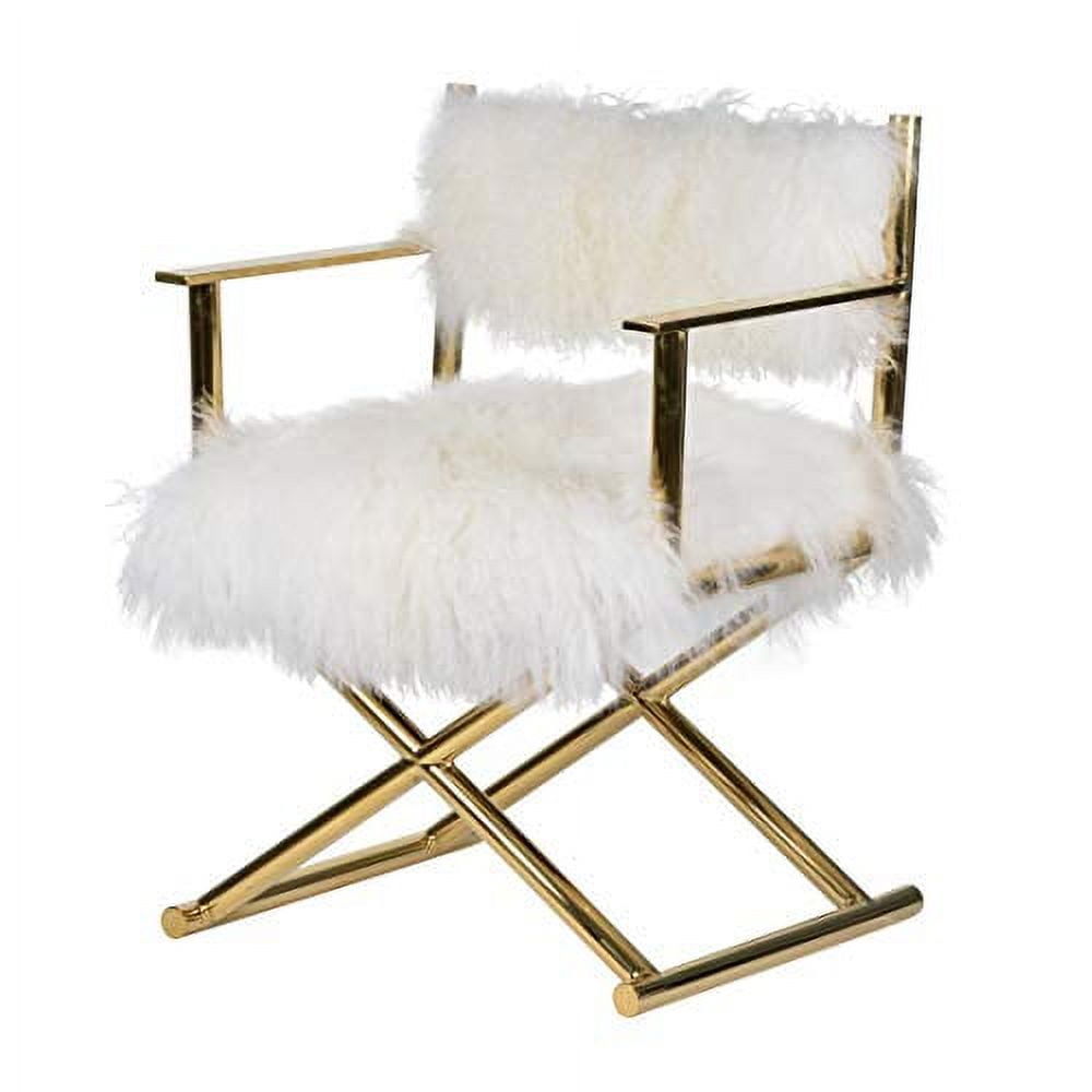 Benjara Metal Directors Chair with Faux Fur Upholstery, Gold and White ...