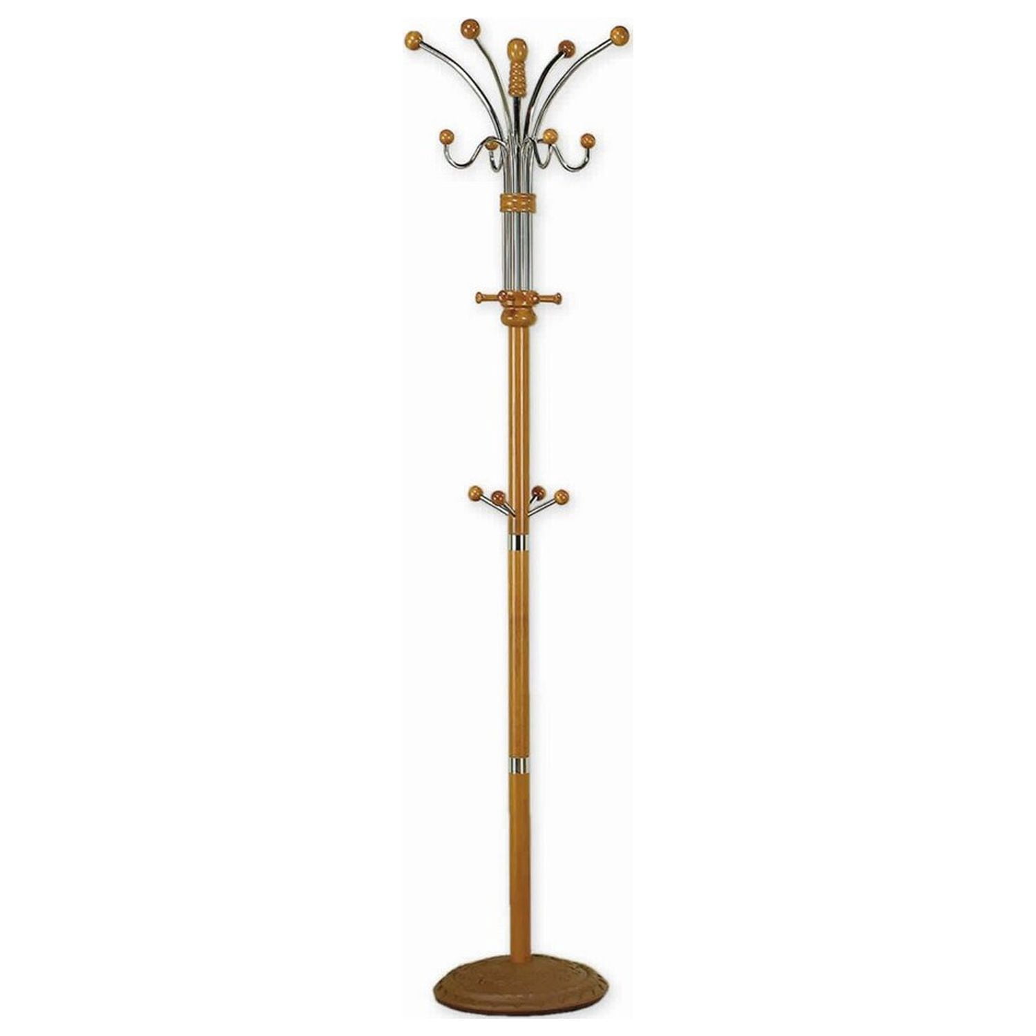 Benjara Metal Pole Coat Rack with Round Base and Multiple Hooks, Oak ...
