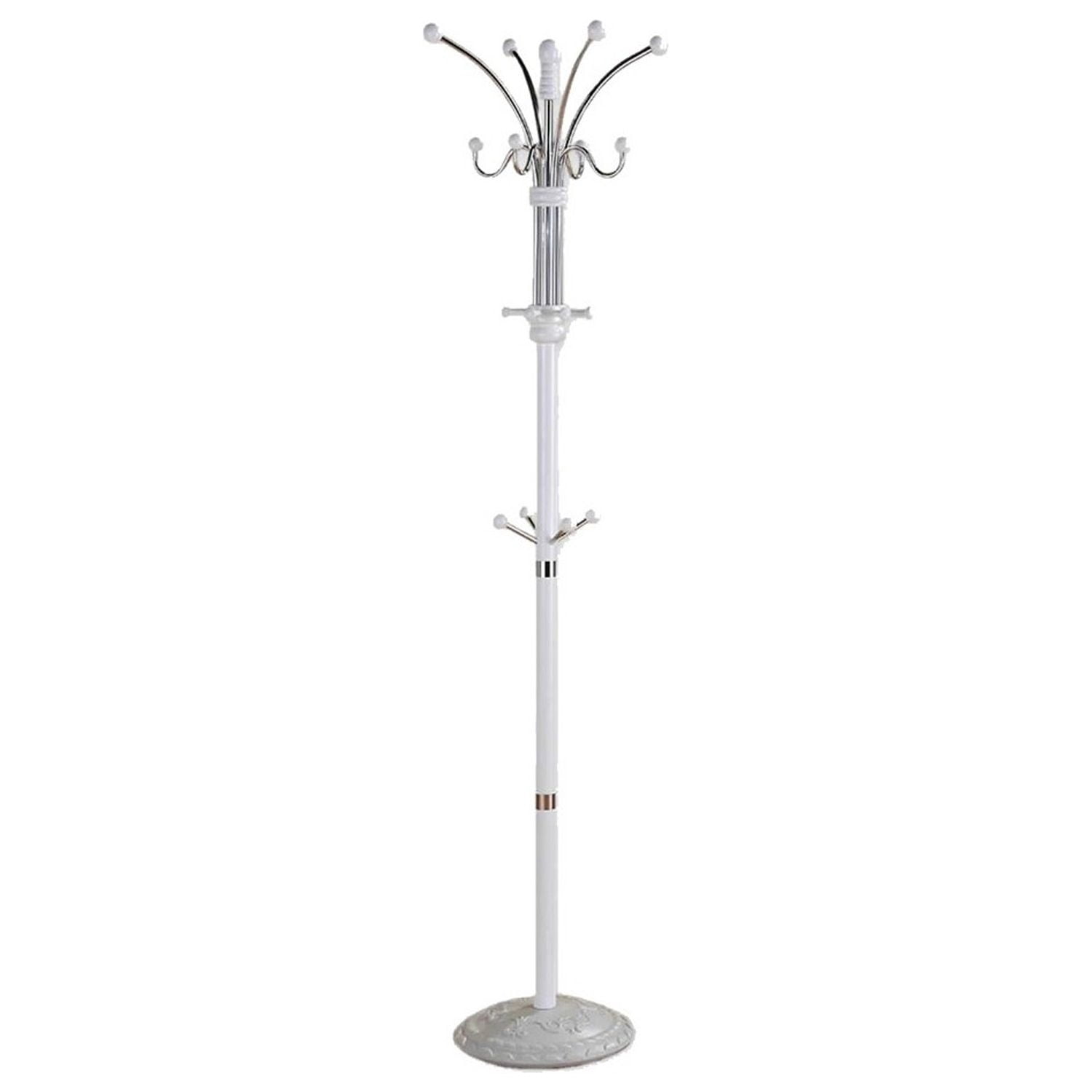 Benjara Metal Pole Coat Rack with Round Base and Multiple Hooks, White ...