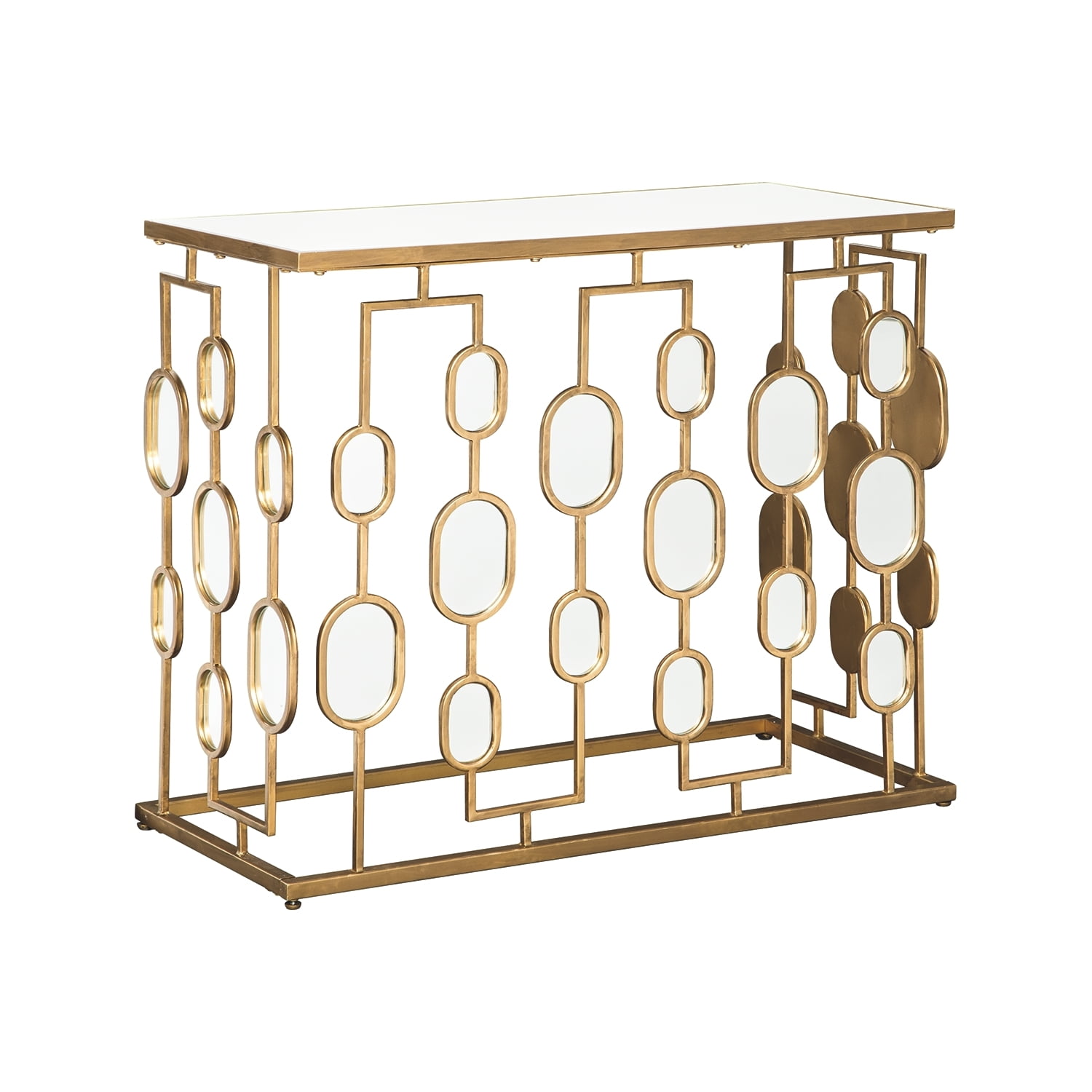Metal and Glass Console Table with Oval Mirror Accents in Gold ...