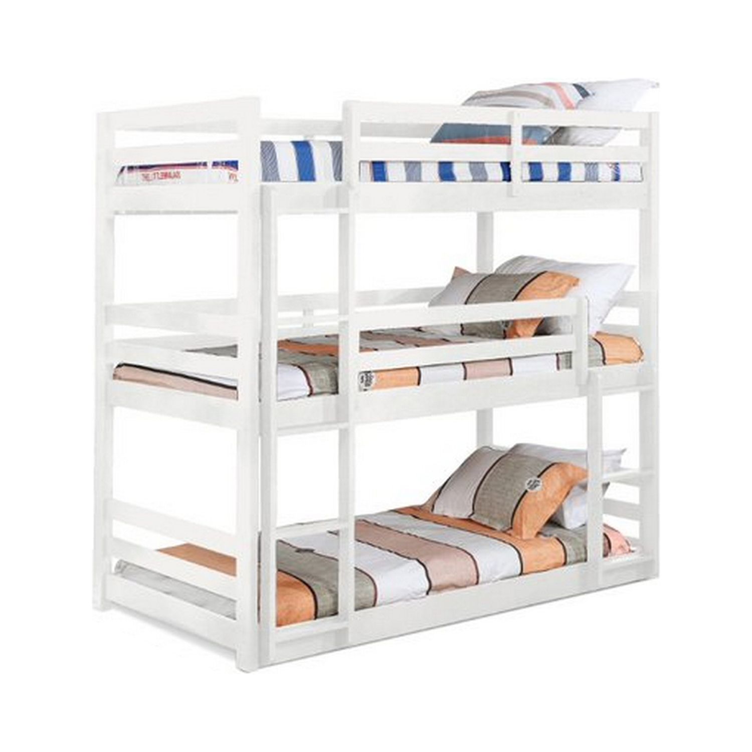 Benjara Milo Classic Wood Twin Triple Bunk Bed, Guard Rails with Ladder ...
