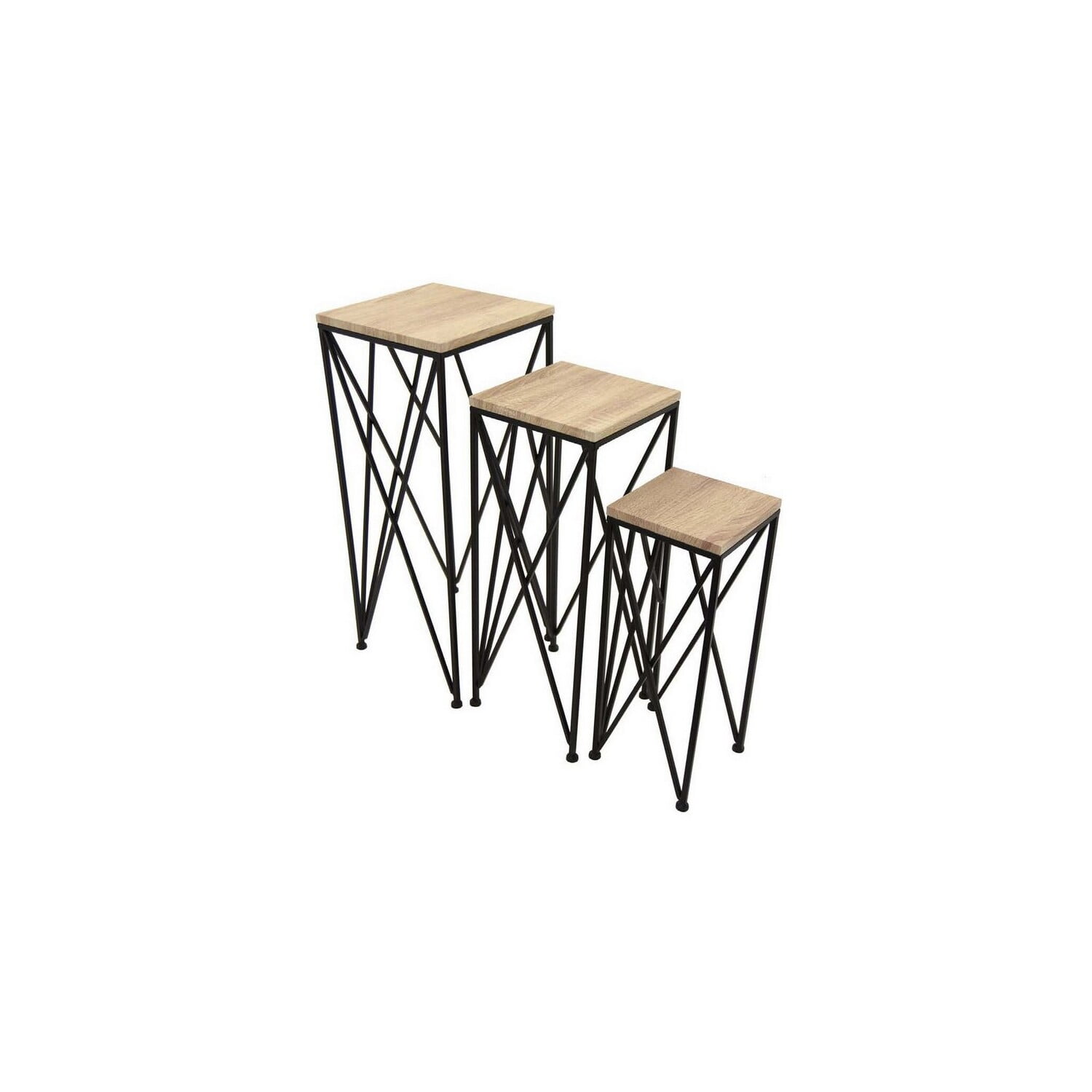 Mire Set of 3 Plant Stand Tables, Square Tops, Warm Light Wood, Black ...
