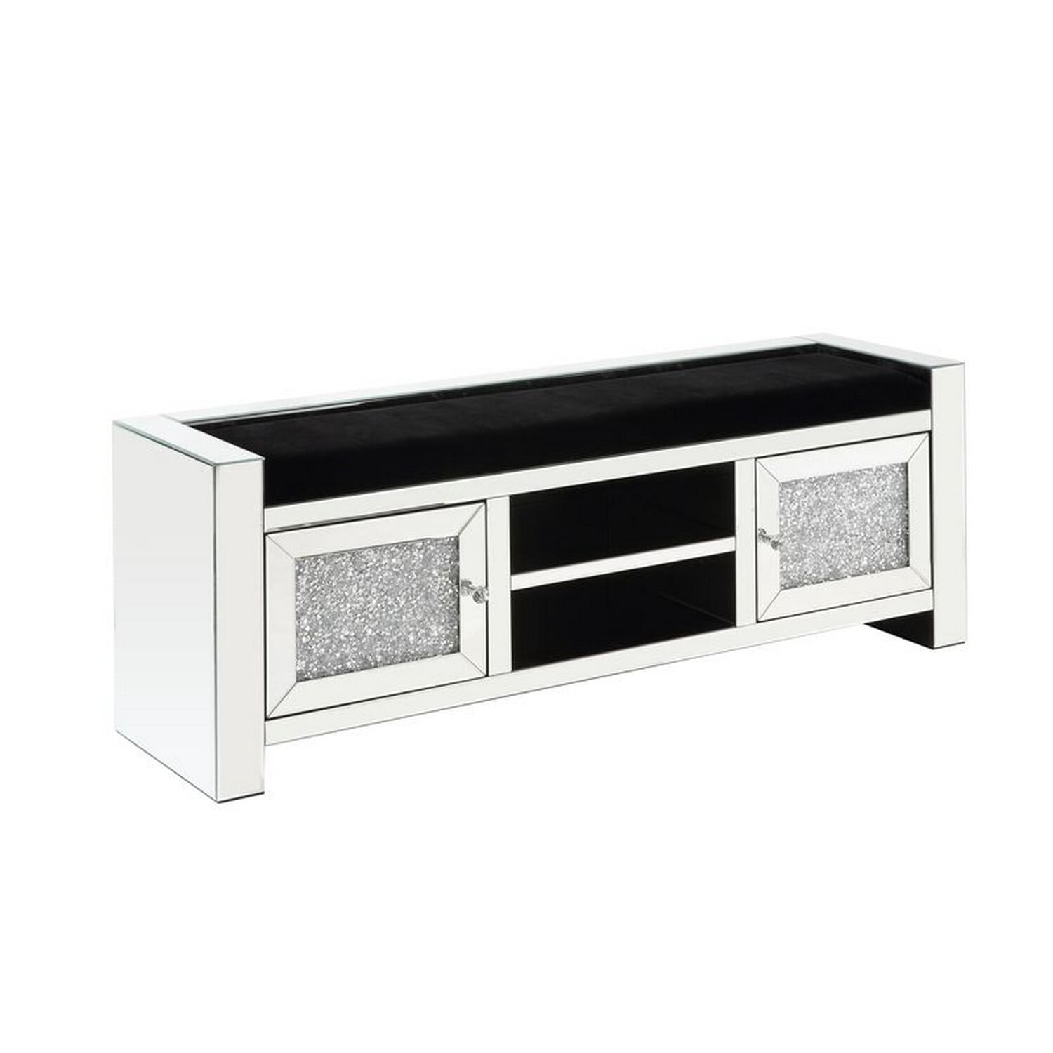 Benjara Mirrored Bench with Faux Diamonds and 2 Door Cabinets, Silver ...