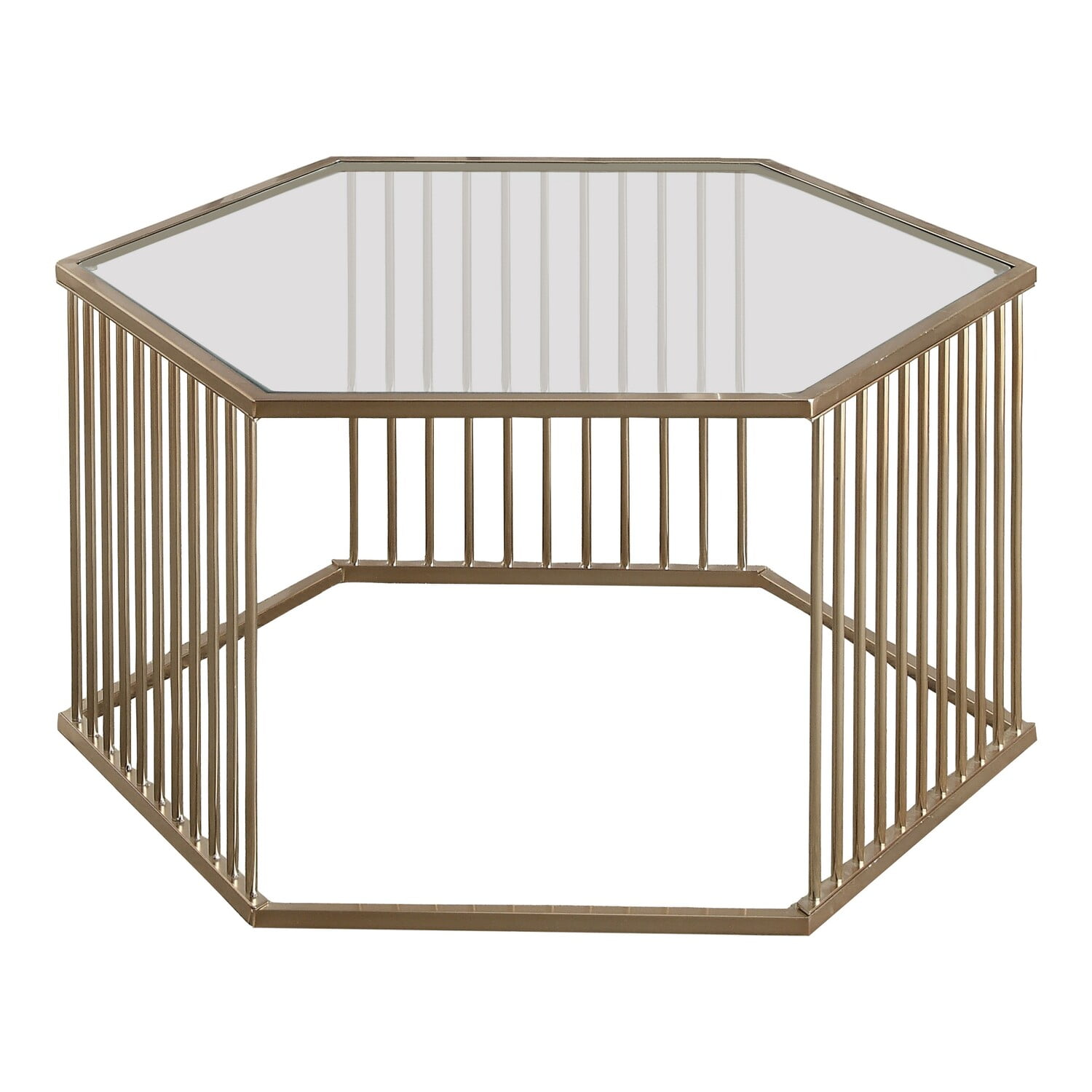 Mirrored Top Hexagon Coffee Table With Vertical Line Metal Base ...