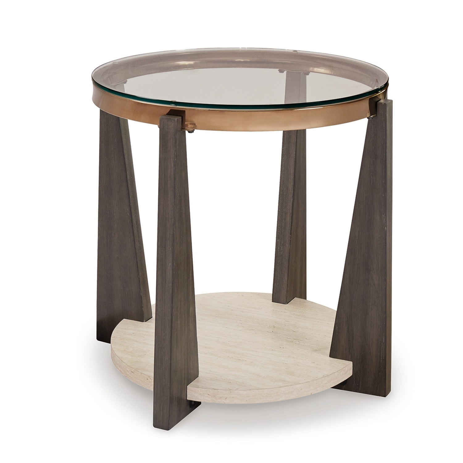 Miu Side End Table, 24 Inch Round Glass Top w Shelf, Brown Angled Base ...