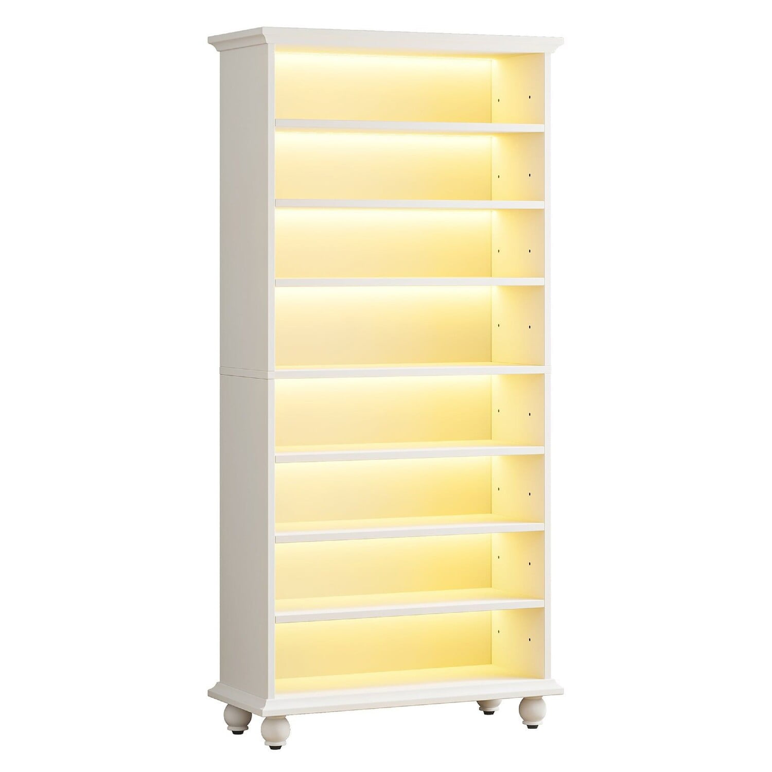 Benjara Modern Shoe Cabinet w LED Lights, Bun Feet, 9 Tier White Wood ...