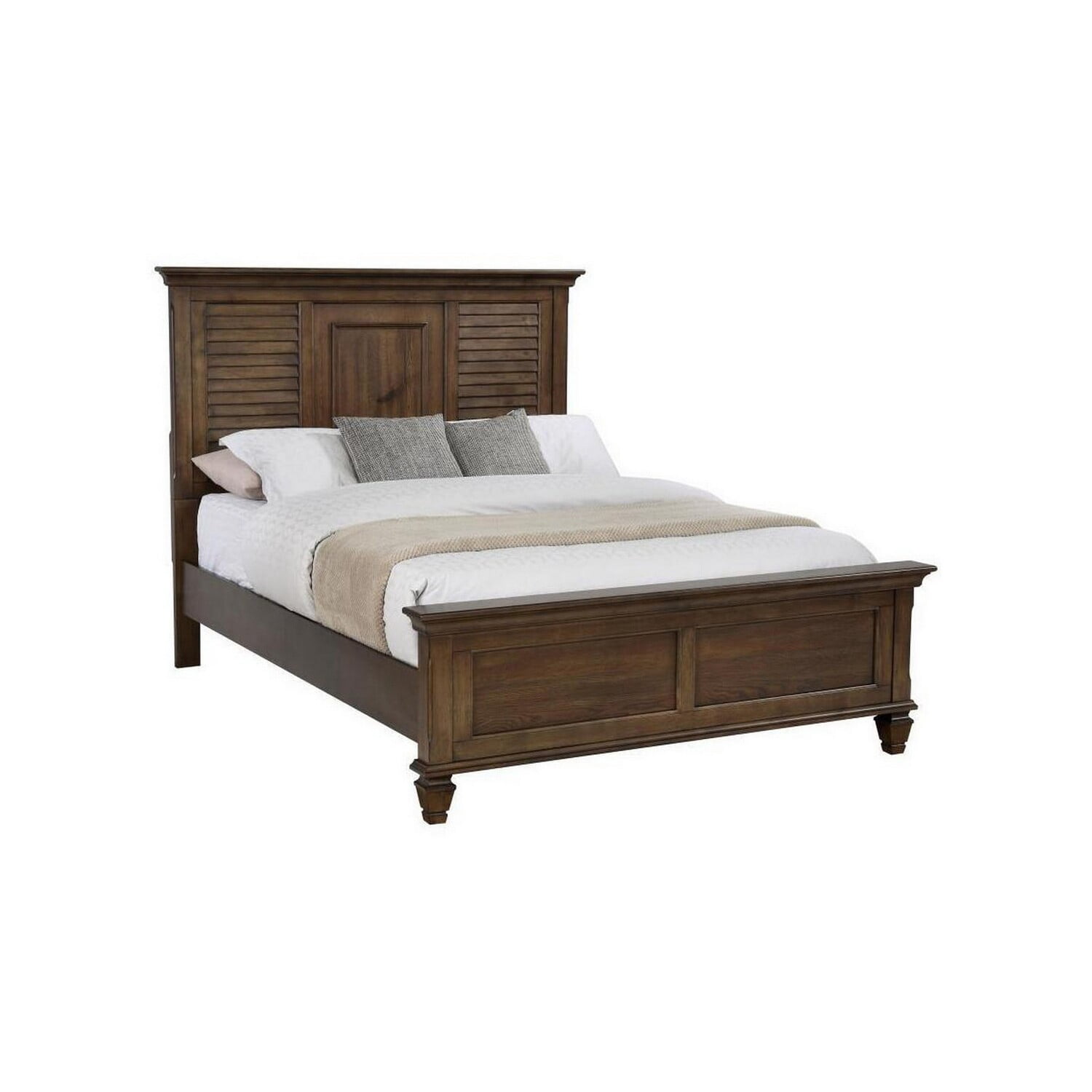 Benjara Eli King Panel Bed, Shutter Headboard, ed Trim, Burnished Oak ...