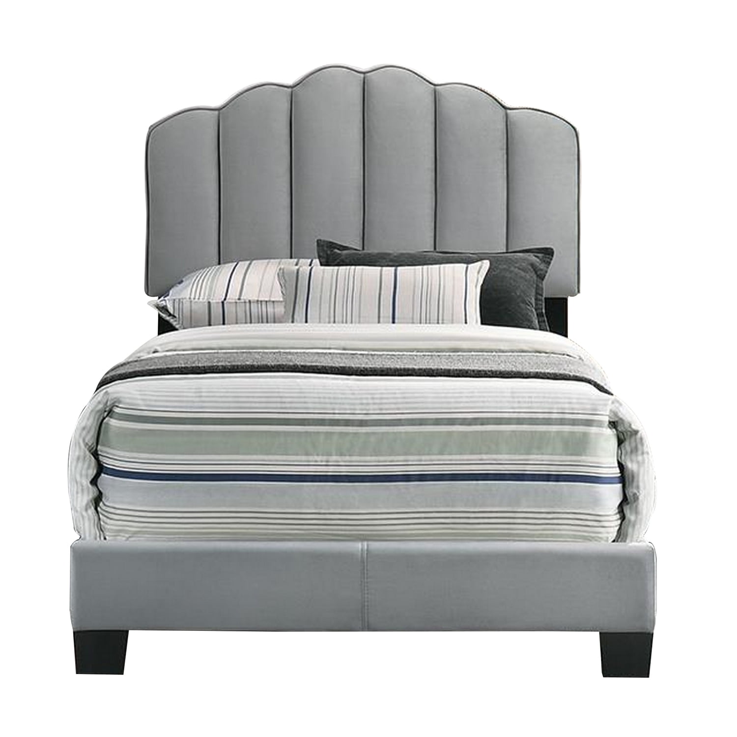 Benjara Neri Twin Size Bed, Channel Tufted, Welt Trim, Light Gray ...